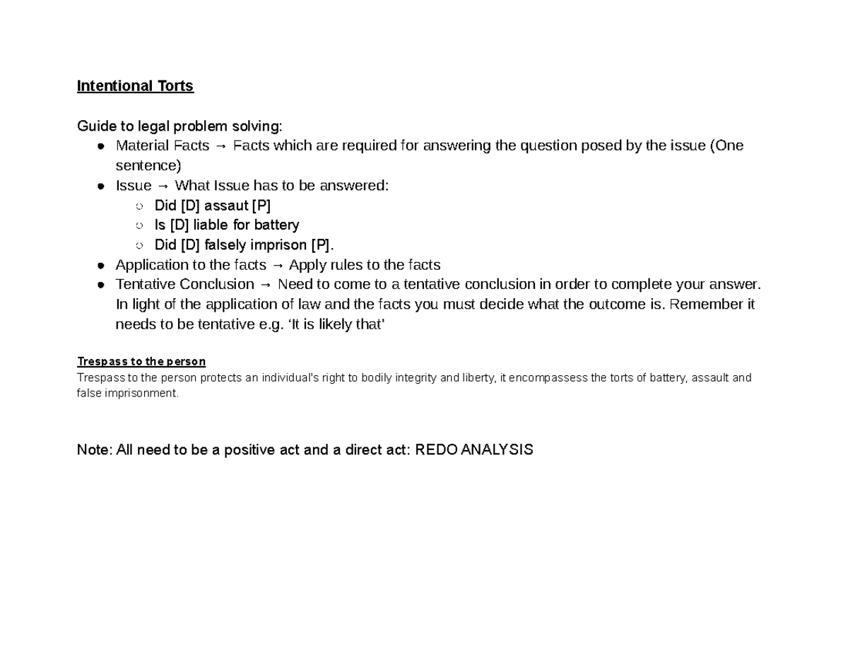 Intentional Torts Table for the final exam - Intentional Torts Guide to ...