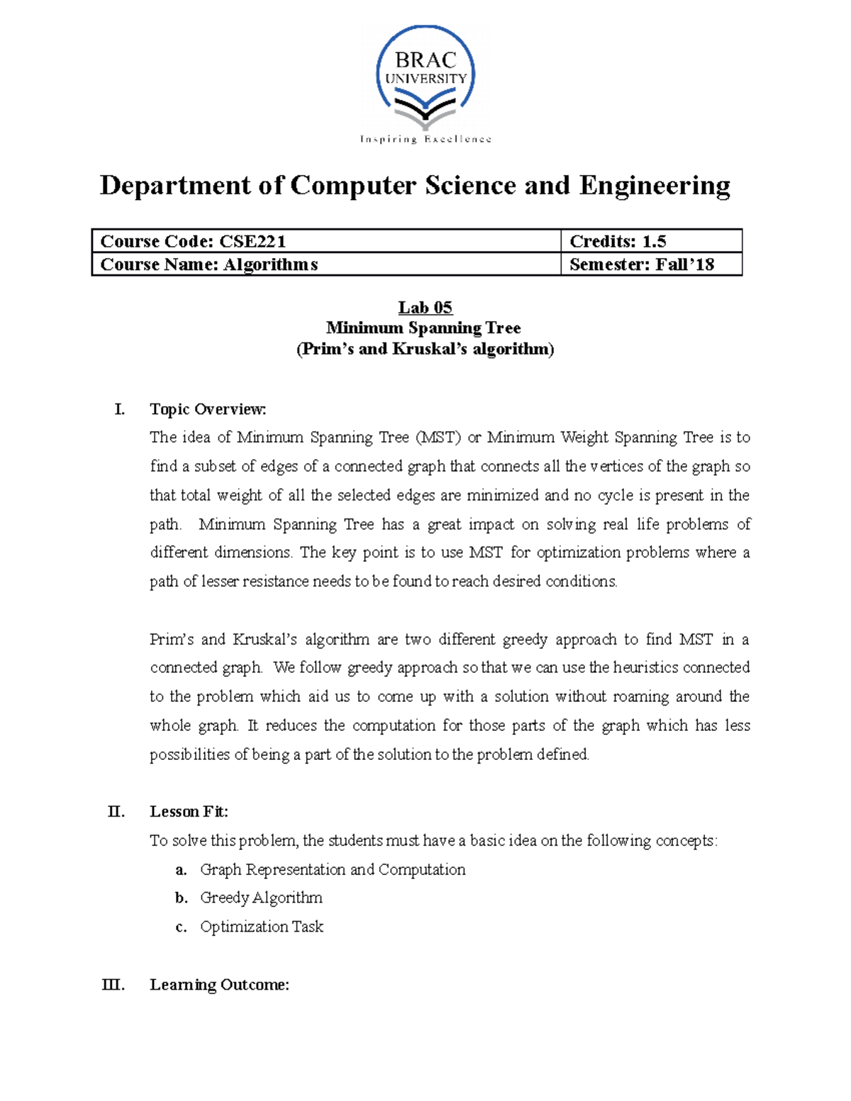 CSE221 LAB05 BRACU - Department of Computer Science and Engineering Course Code: CSE221 Credits ...