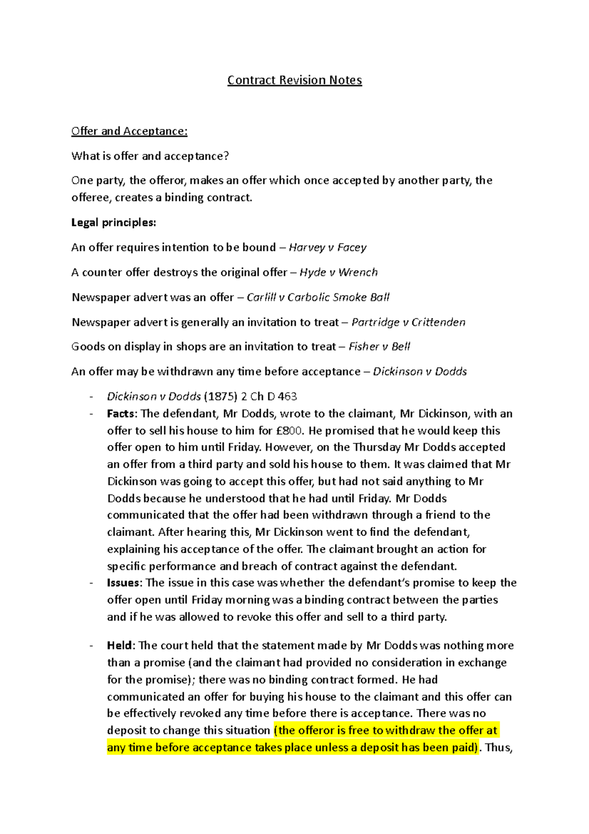 Contract Revision Notes - Contract Revision Notes Offer and Acceptance ...