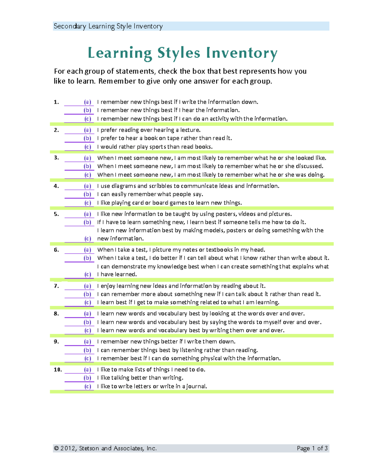 NEW Learning Style Inventory Secondary - Secondary Learning Style ...