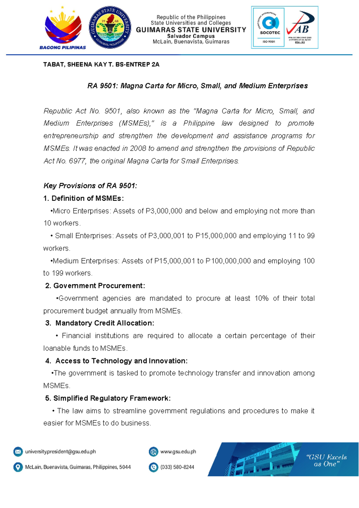 RA. 9501 - For school - TABAT, SHEENA KAY T. BS-ENTREP 2A RA 9501 ...