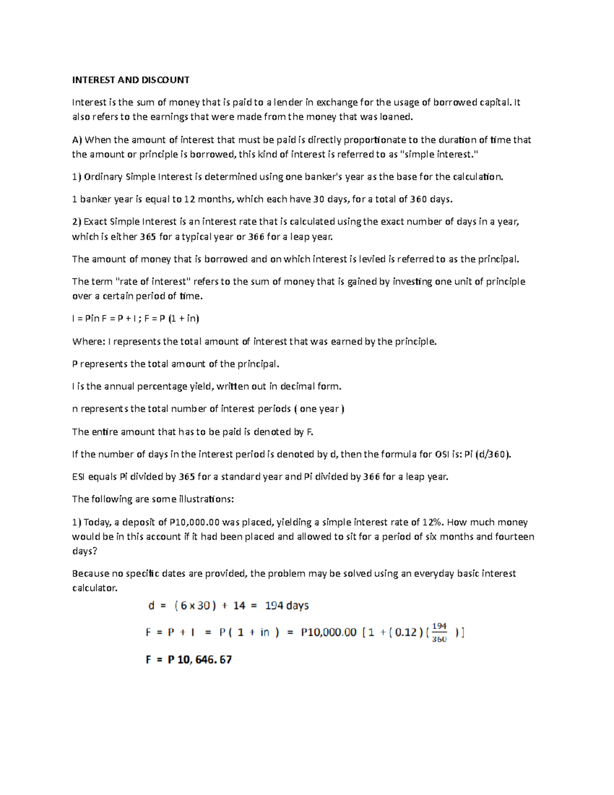 Interest and Discount - INTEREST AND DISCOUNT Interest is the sum of ...