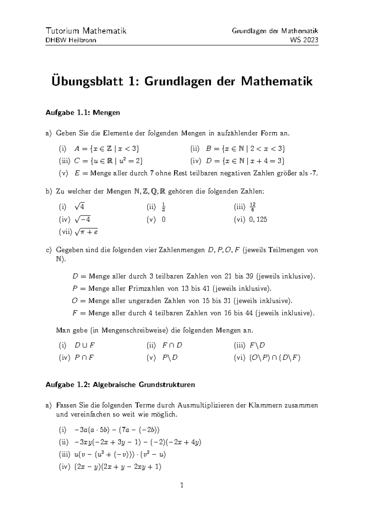Übungsblatt Grundlagen Mathematik - Tutorium Mathematik DHBW Heilbronn ...