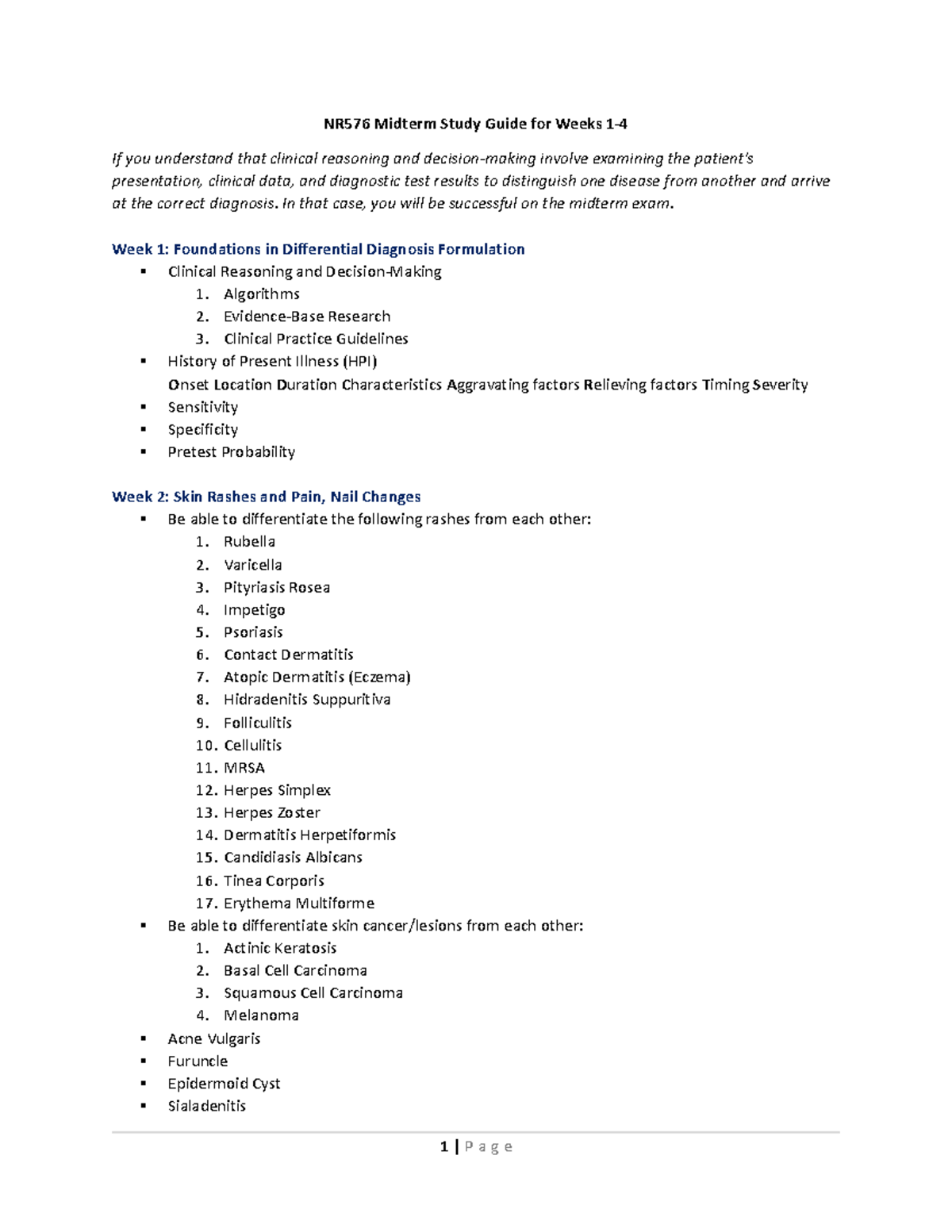 NR576 Midterm Study Guide - In that case, you will be successful on the midterm exam. Week 1 ...