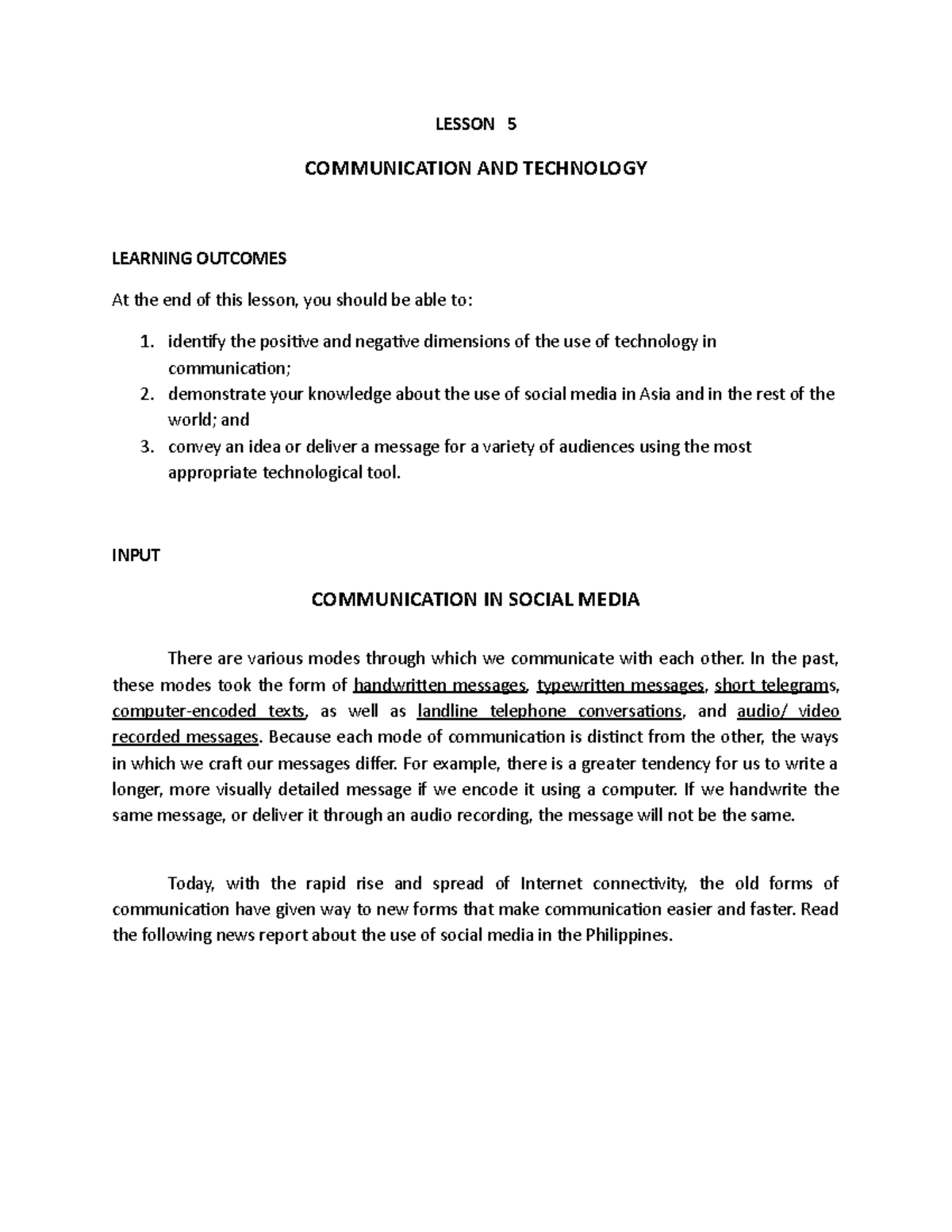 PC Lesson 5 Communication and Technology - LESSON 5 COMMUNICATION AND ...
