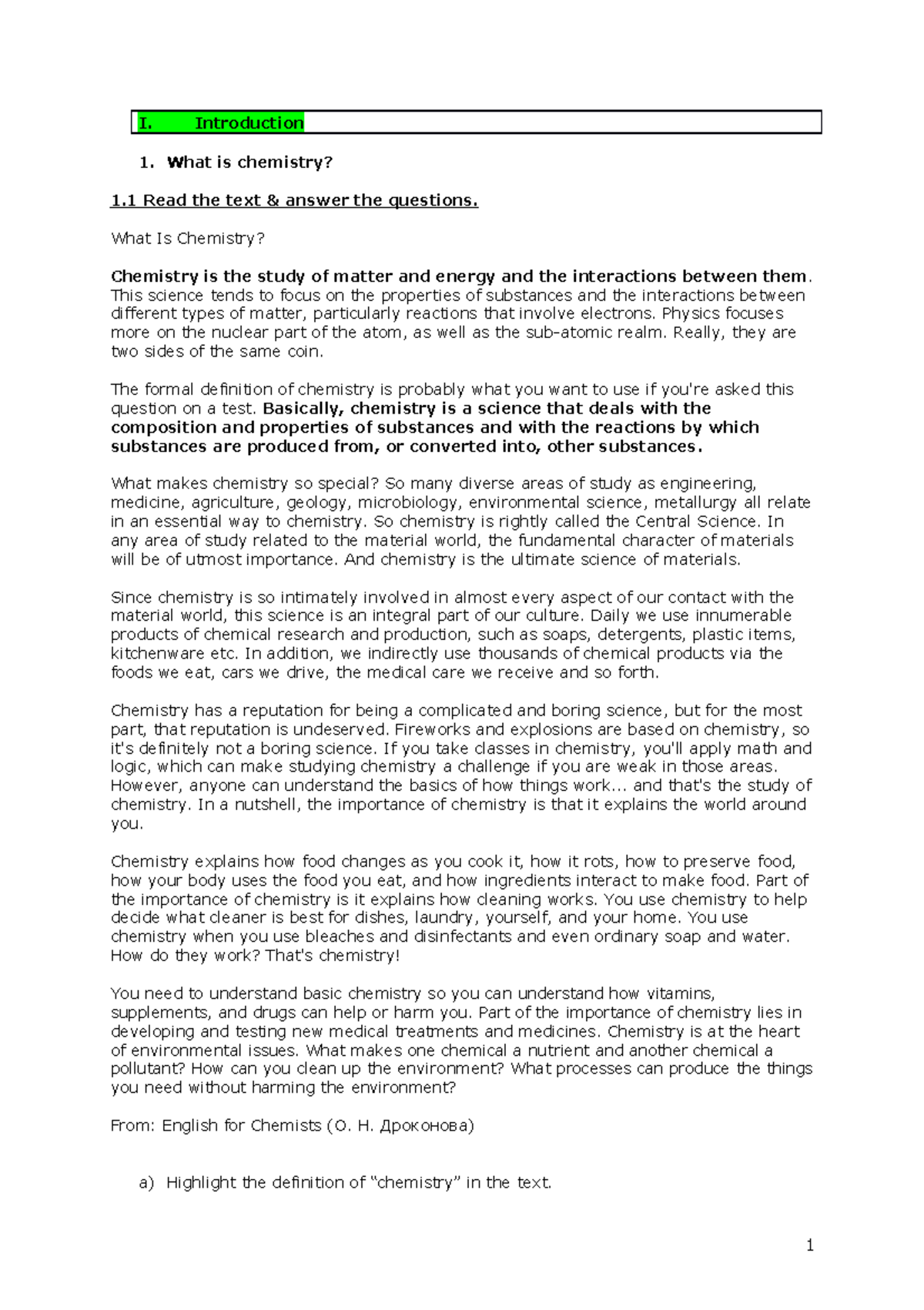 2C integrale cursus - ingevuld - I. Introduction What is chemistry? 1 ...