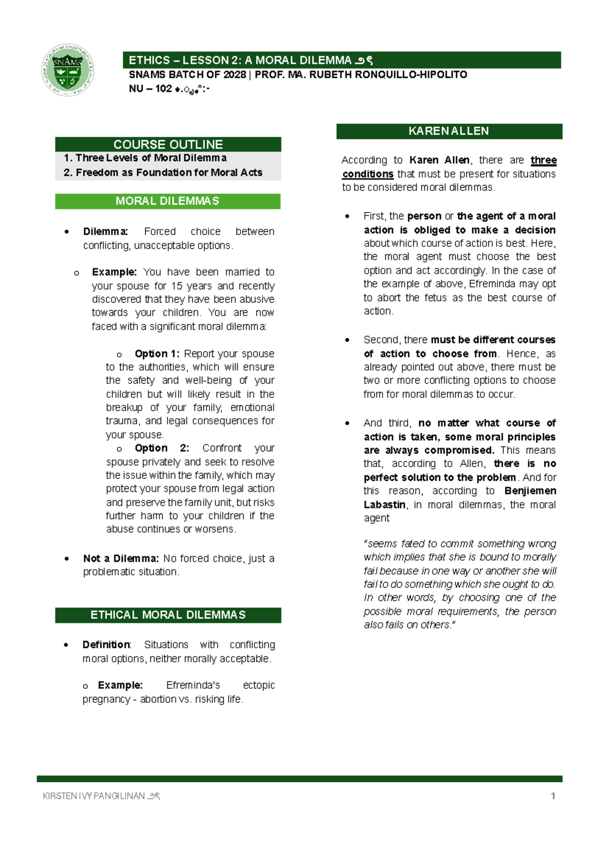 Ethics Lesson 2 NU 102 - ETHICS – LESSON 2: A MORAL DILEMMA ౨ৎ SNAMS ...