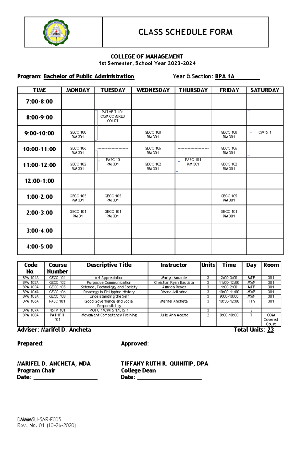 Class Schedule 1st Sem AY 2023 2024 - DMMMSU-SAR-F COLLEGE OF ...