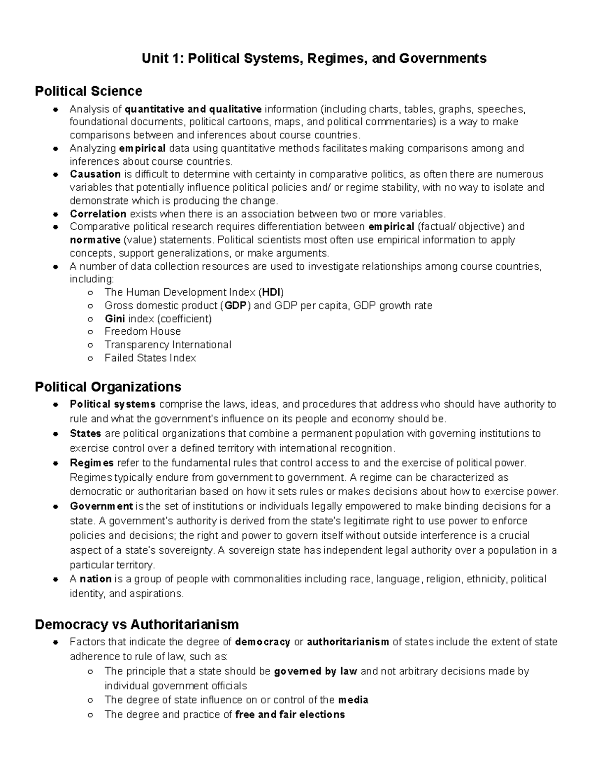 Study Guide Unit 1 - yupppp - Unit 1: Political Systems, Regimes, and Governments Political ...