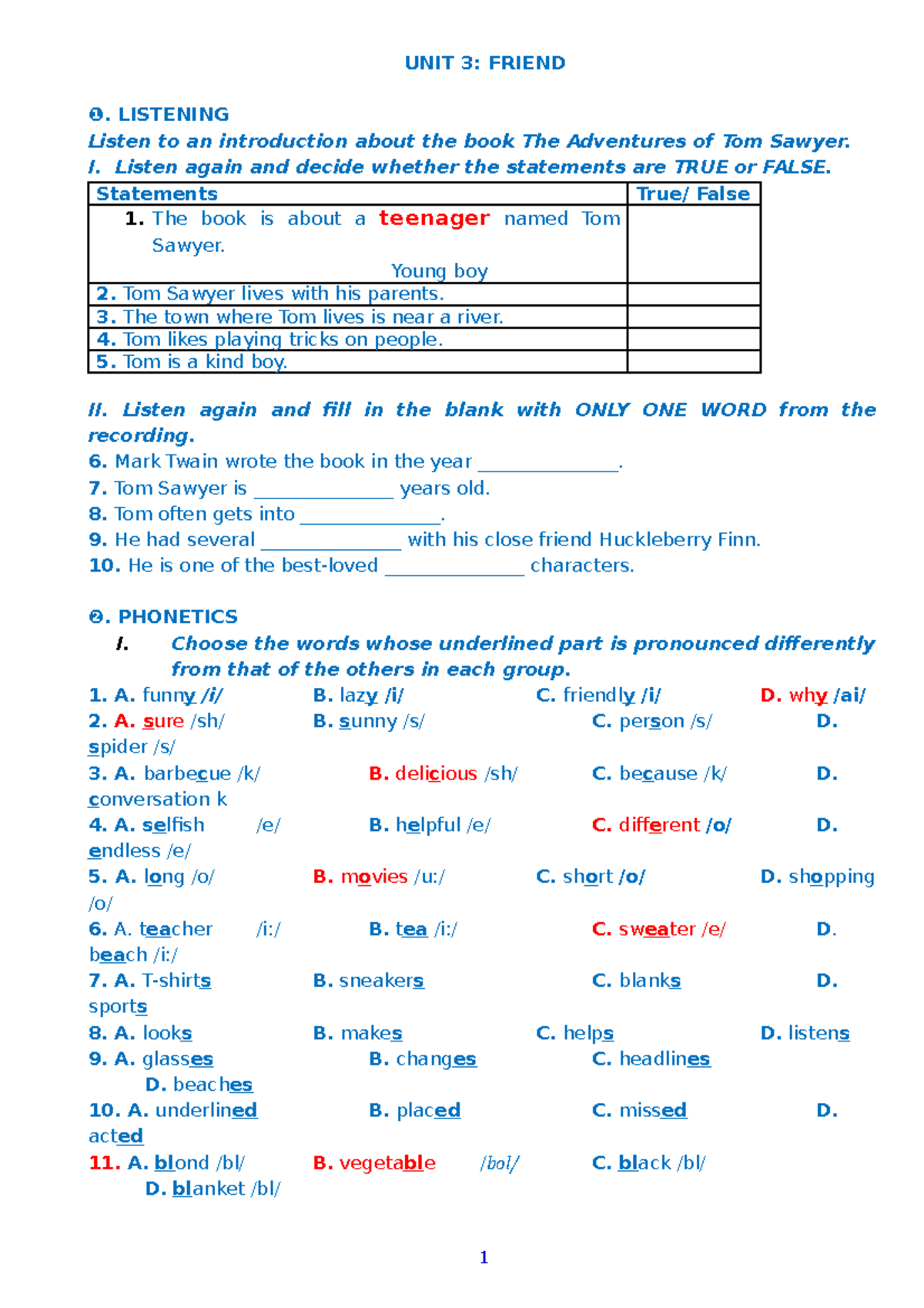 SUN 28-08-22 - dfgvedh - ####### UNIT 3: FRIEND ####### . LISTENING ...