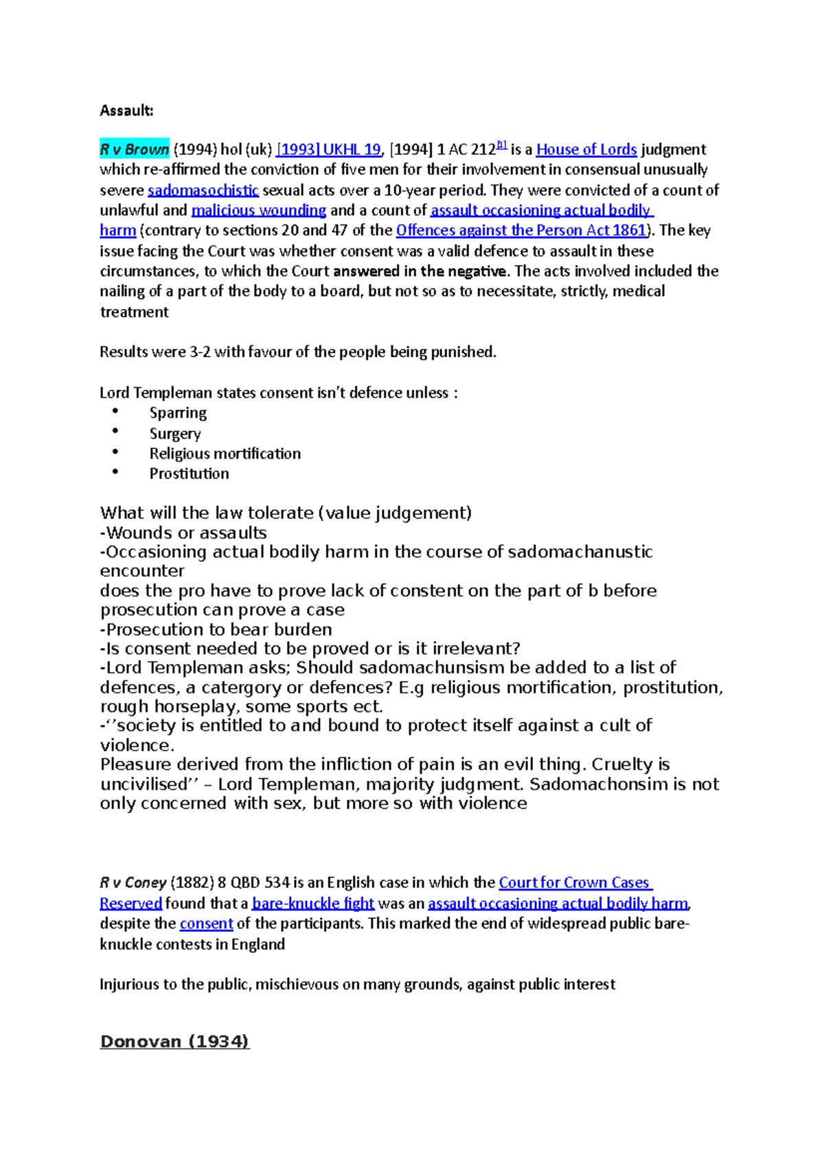 Week 1 assault - Notes - Assault: R v Brown (1994) hol (uk) [1993] UKHL ...