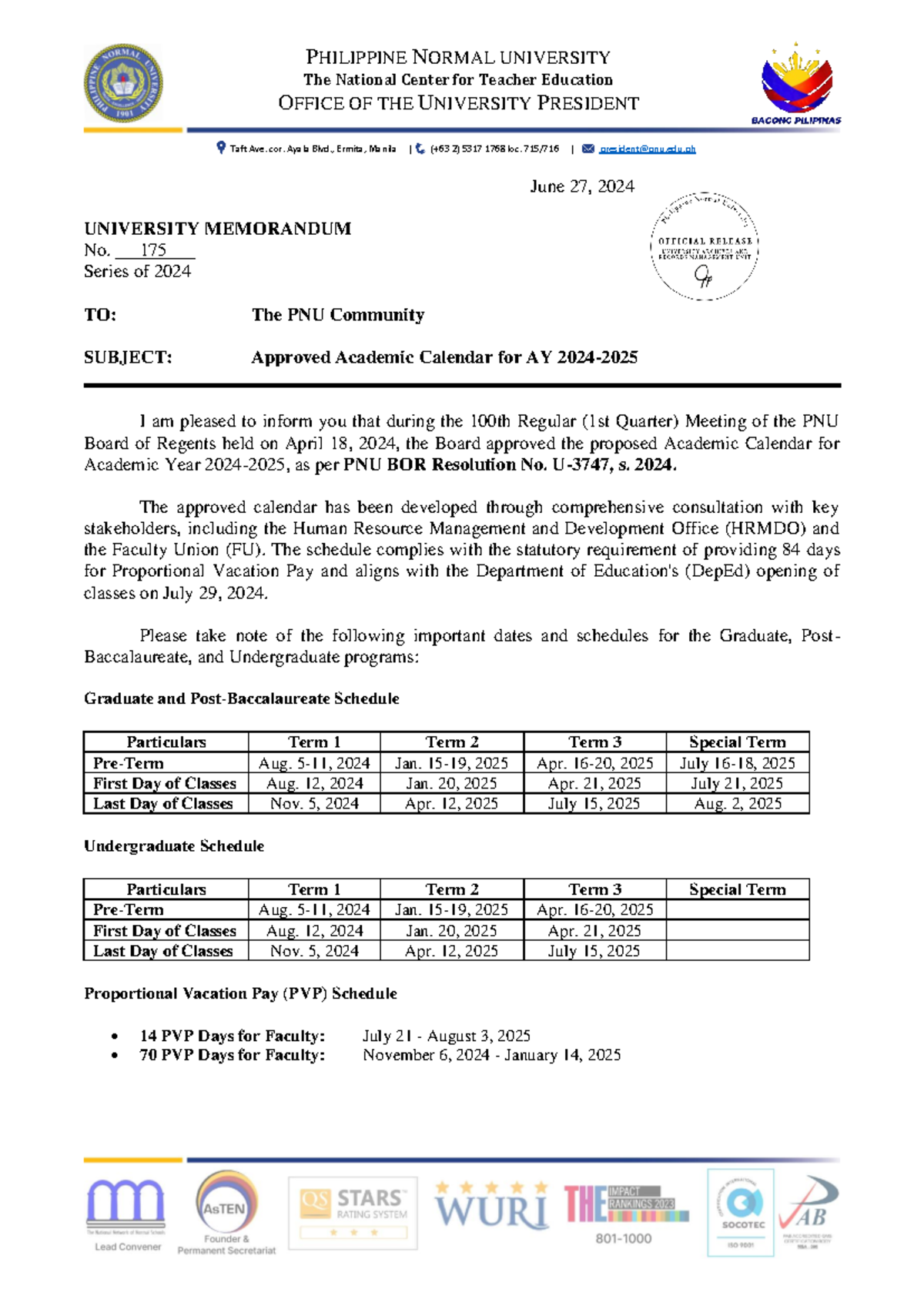 Academic Calendar for SY 2024-2025 - The National Center for Teacher ...