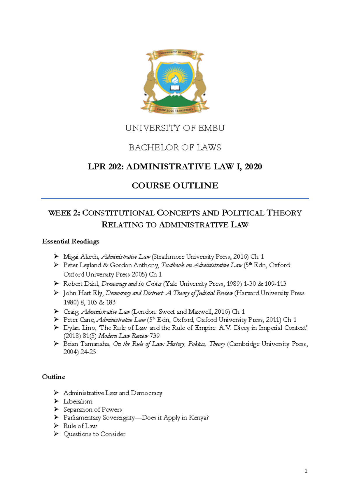 Administrative Law I Week 2 Handout - UNIVERSITY OF EMBU BACHELOR OF ...