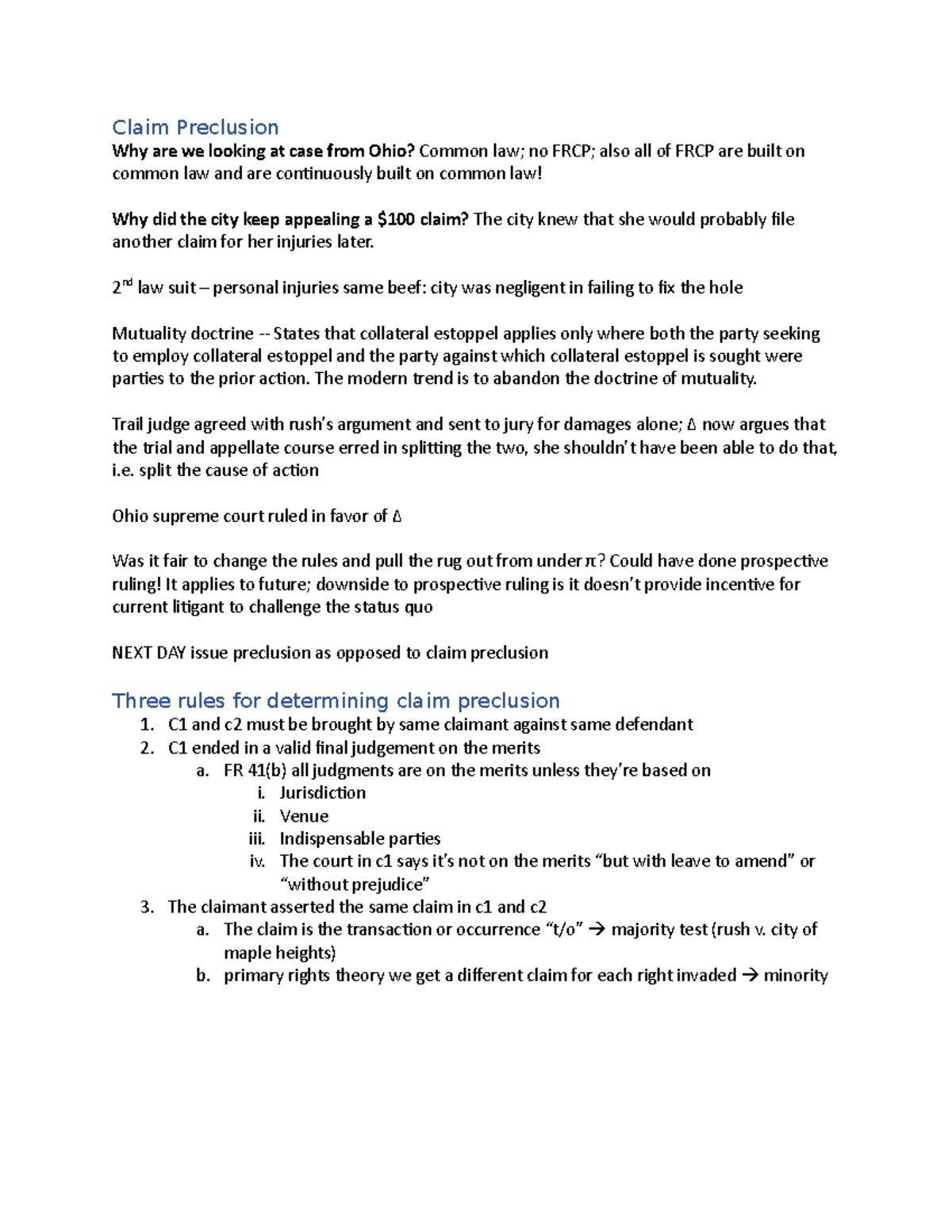 Why are we looking at case from Ohio - Claim Preclusion Why are we ...