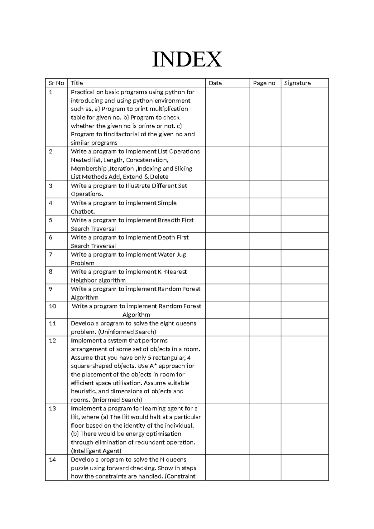 Index - this is program of os - INDEX Sr No Title Date Page no Signature 1 Practical on basic ...