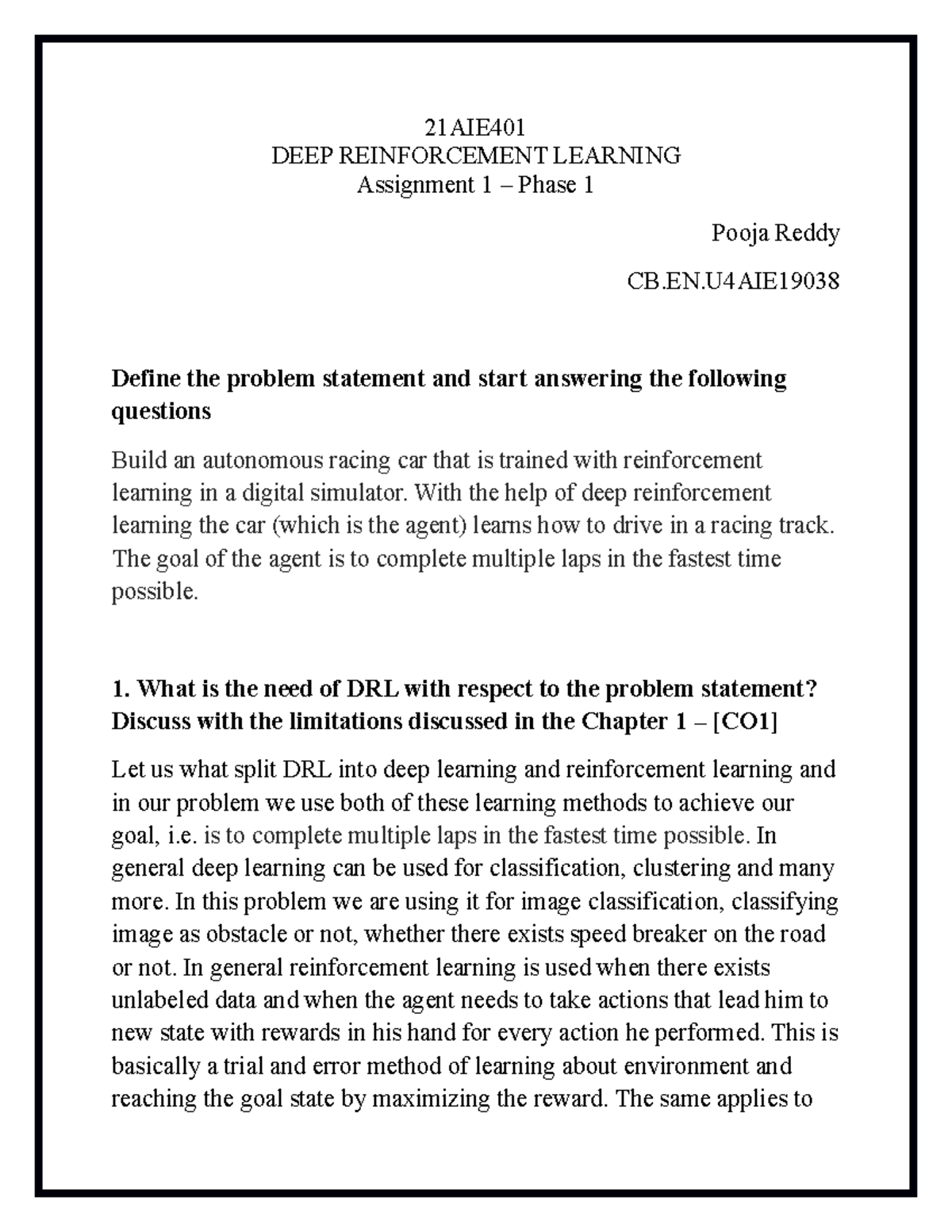 Pooja Reddy Kolimi DRL assignment 1 19038 - 21AIE DEEP REINFORCEMENT LEARNING Assignment 1 ...