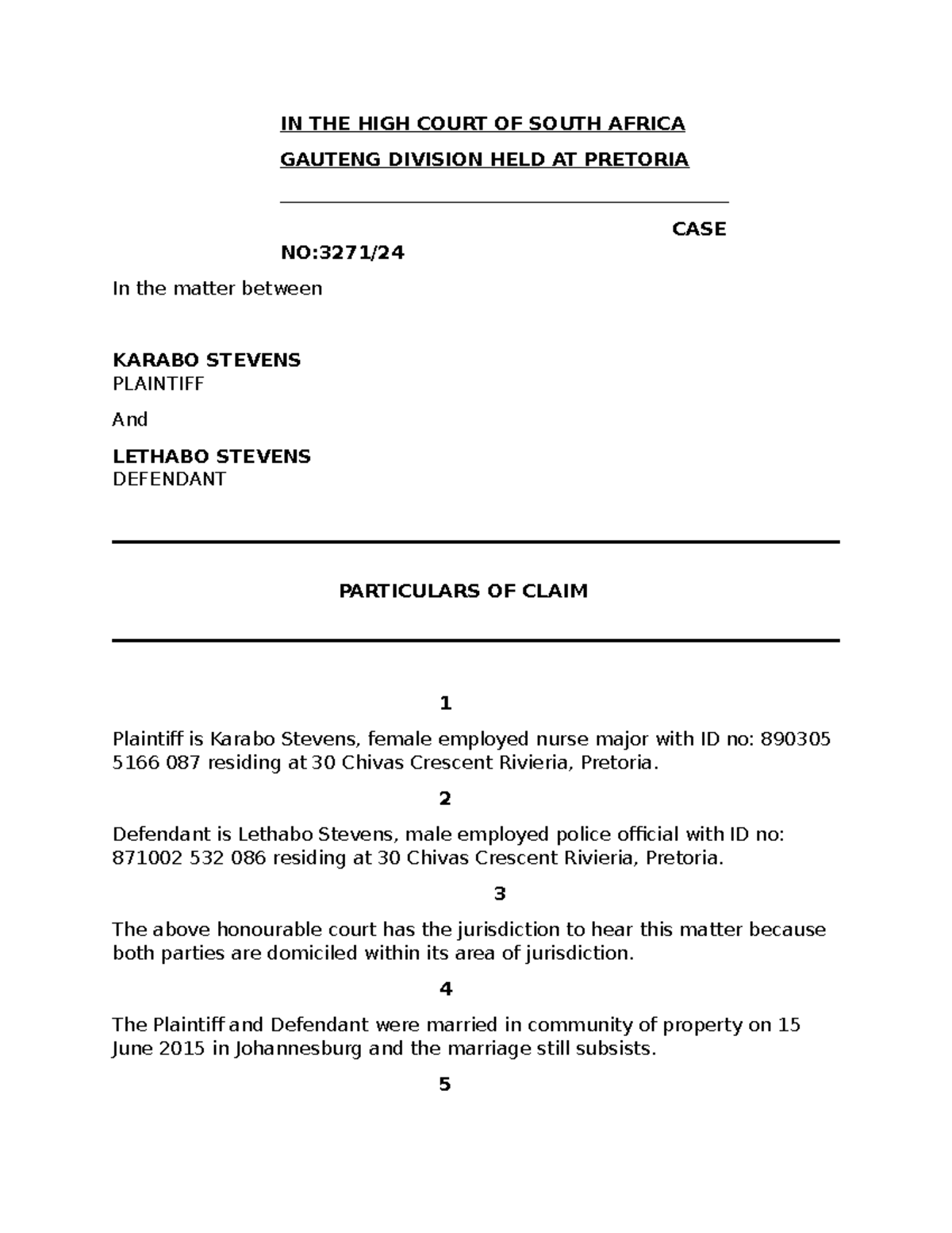 Particulars for Divorce - IN THE HIGH COURT OF SOUTH AFRICA GAUTENG ...
