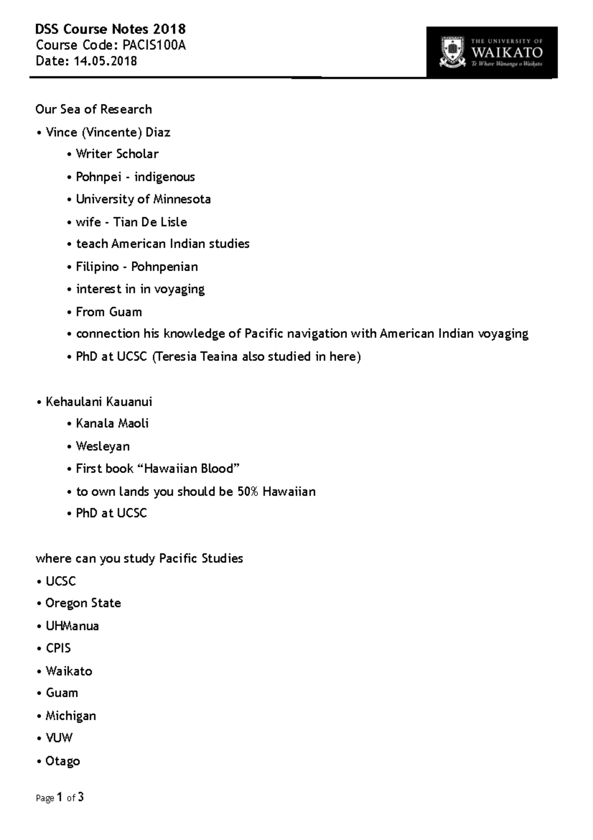 Lecture 9 - DSS Course Notes 2018 Course Code: PACIS100A Date: 14. Our ...