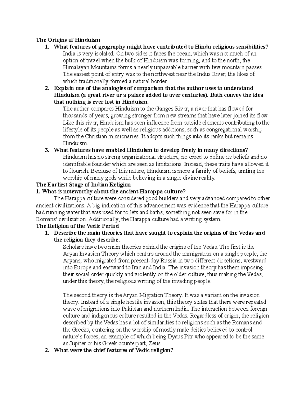 Hinduism Homework - Section questions on the chapter - The Origins of ...