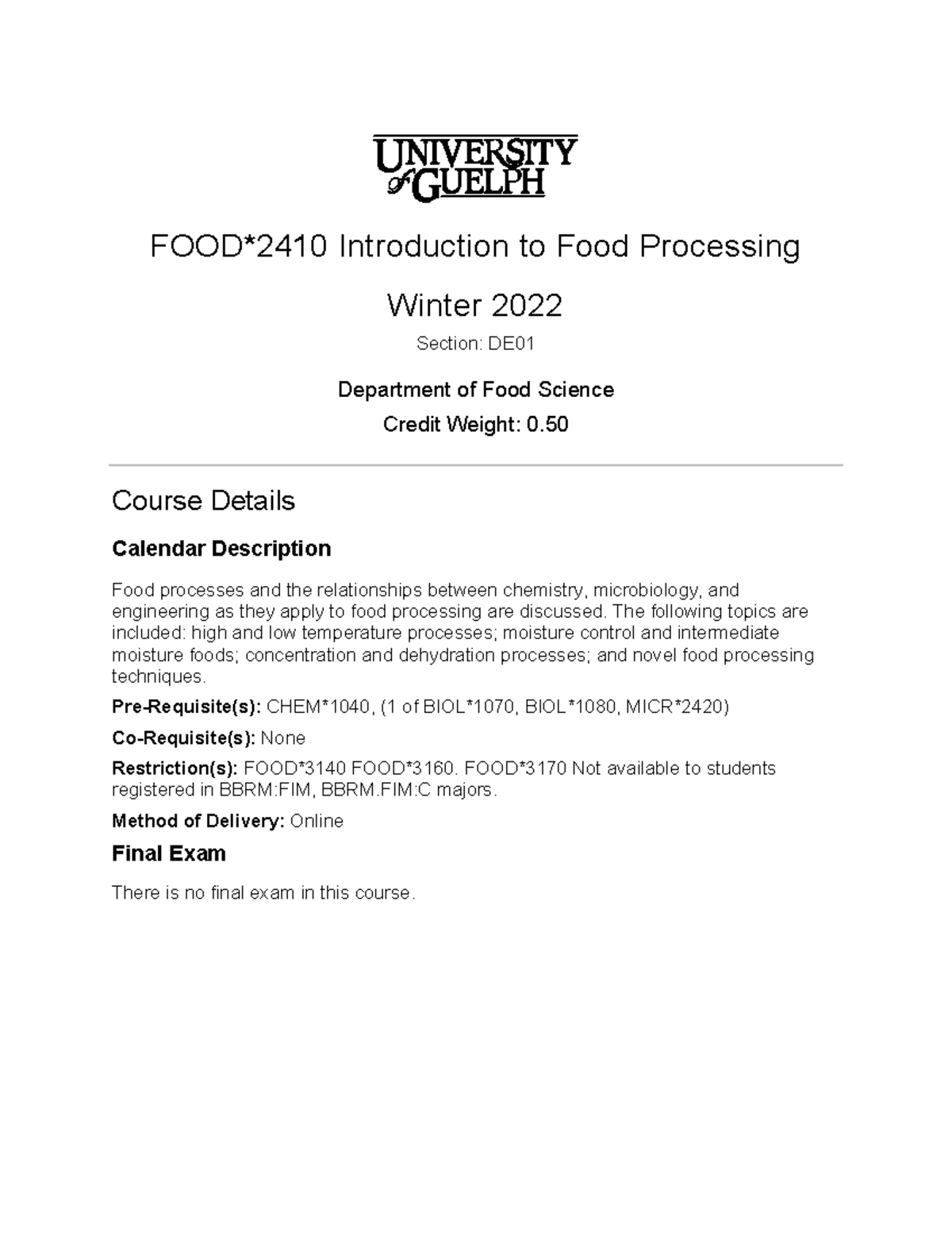 FOOD 2410DE course outline - FOOD*2410 Introduction to Food Processing ...