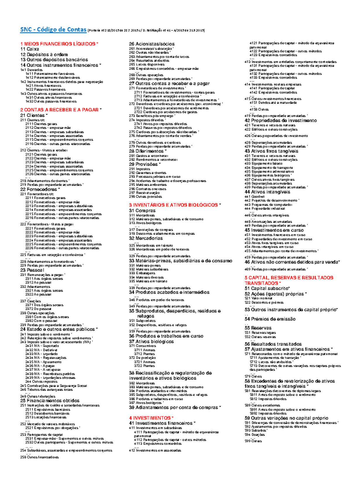 SNC - Código de Contas 2016 - 7 c/ D. Retificação nº 41 3 A/2015 de 21. ...