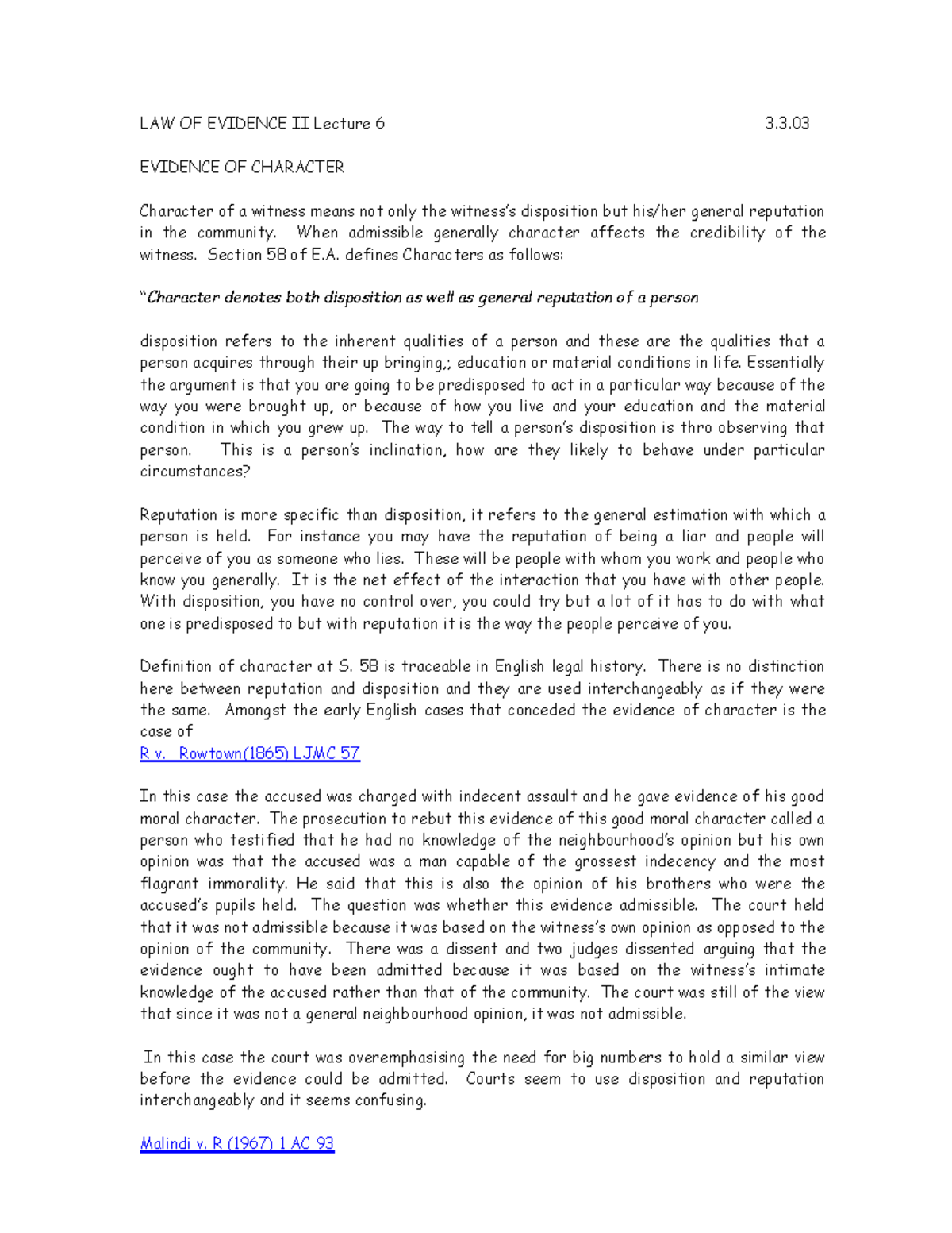 Character Evidence - LAW OF EVIDENCE II Lecture 6 3. EVIDENCE OF ...