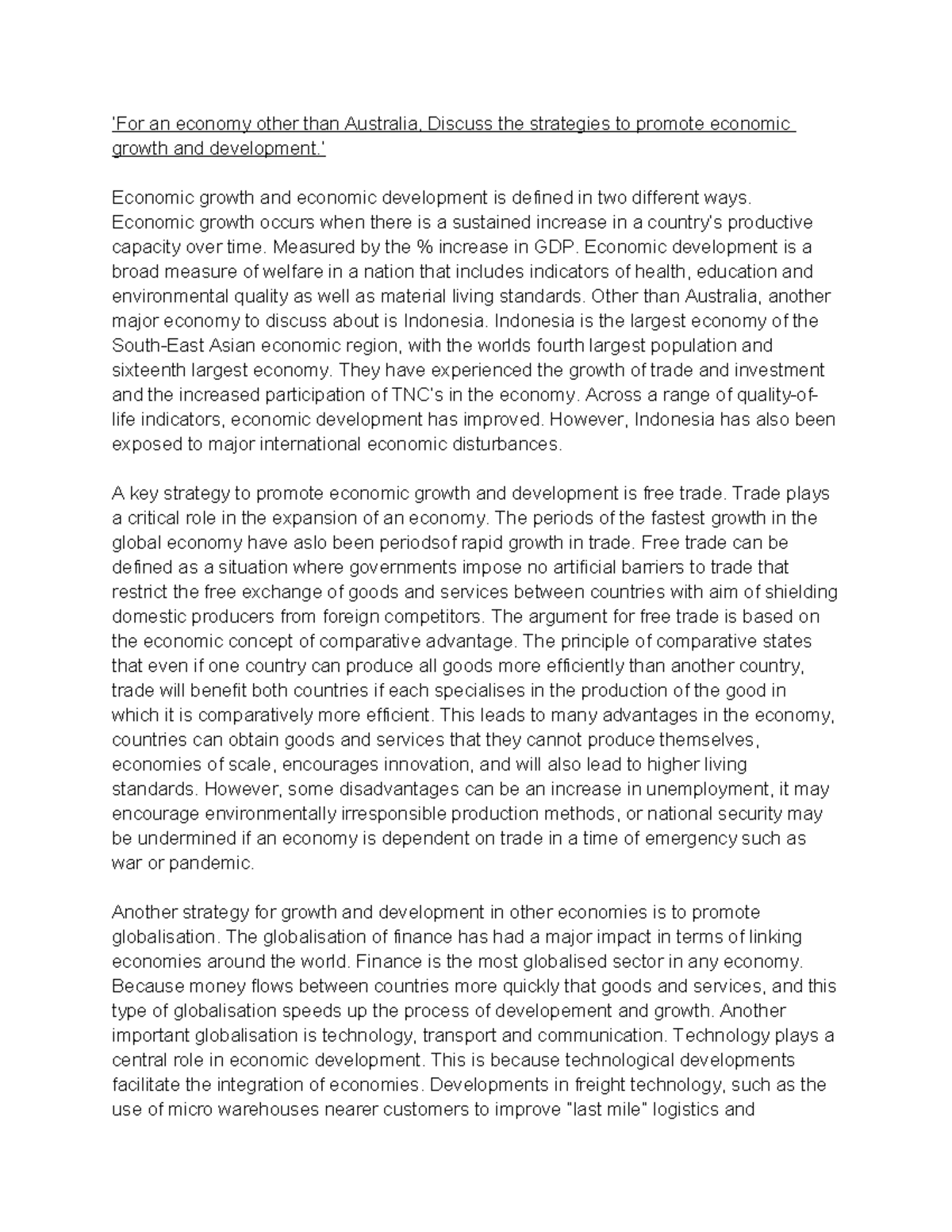 Economics Holiday essay - ‘For an economy other than Australia, Discuss ...