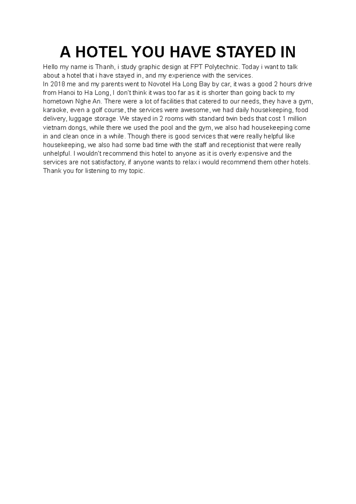 Dau Hoang Cong Thanh (FPL HN) - Writing 3 A hotel you have stayed in ...