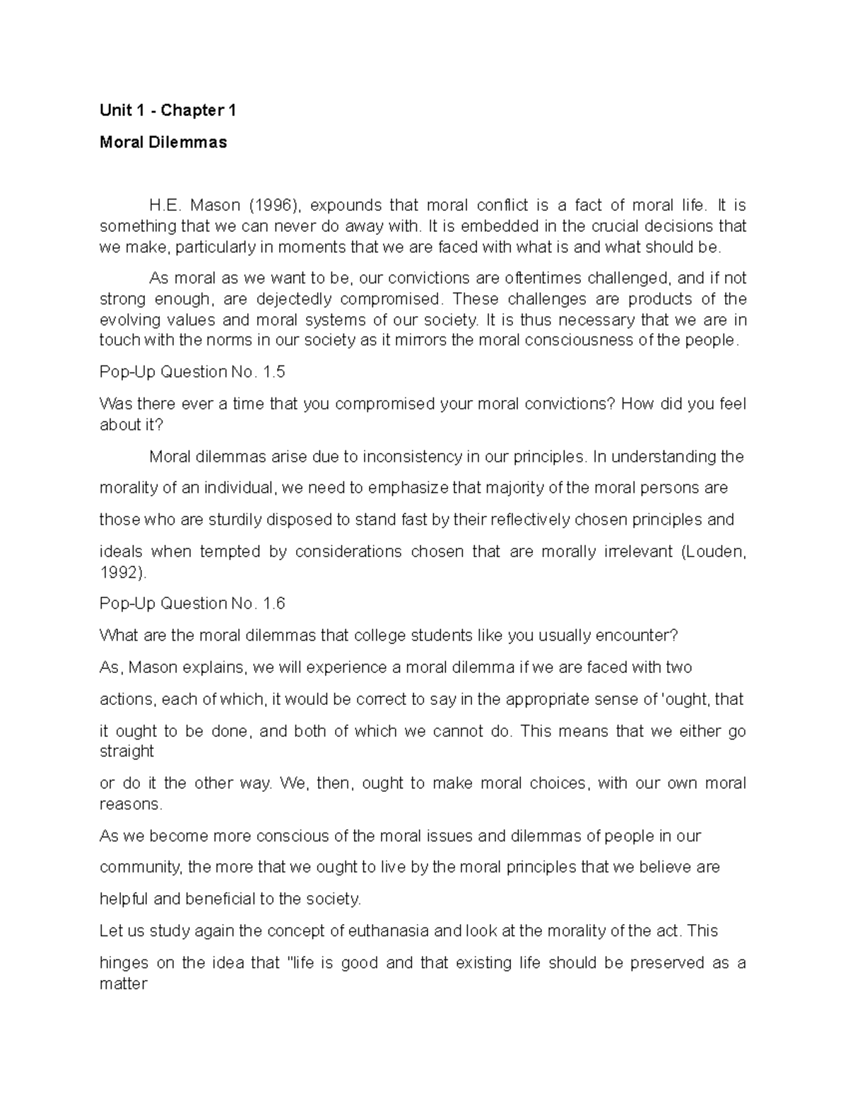 Ethics - Moral Dilemmas - Unit 1 - Chapter 1 Moral Dilemmas H. Mason ...