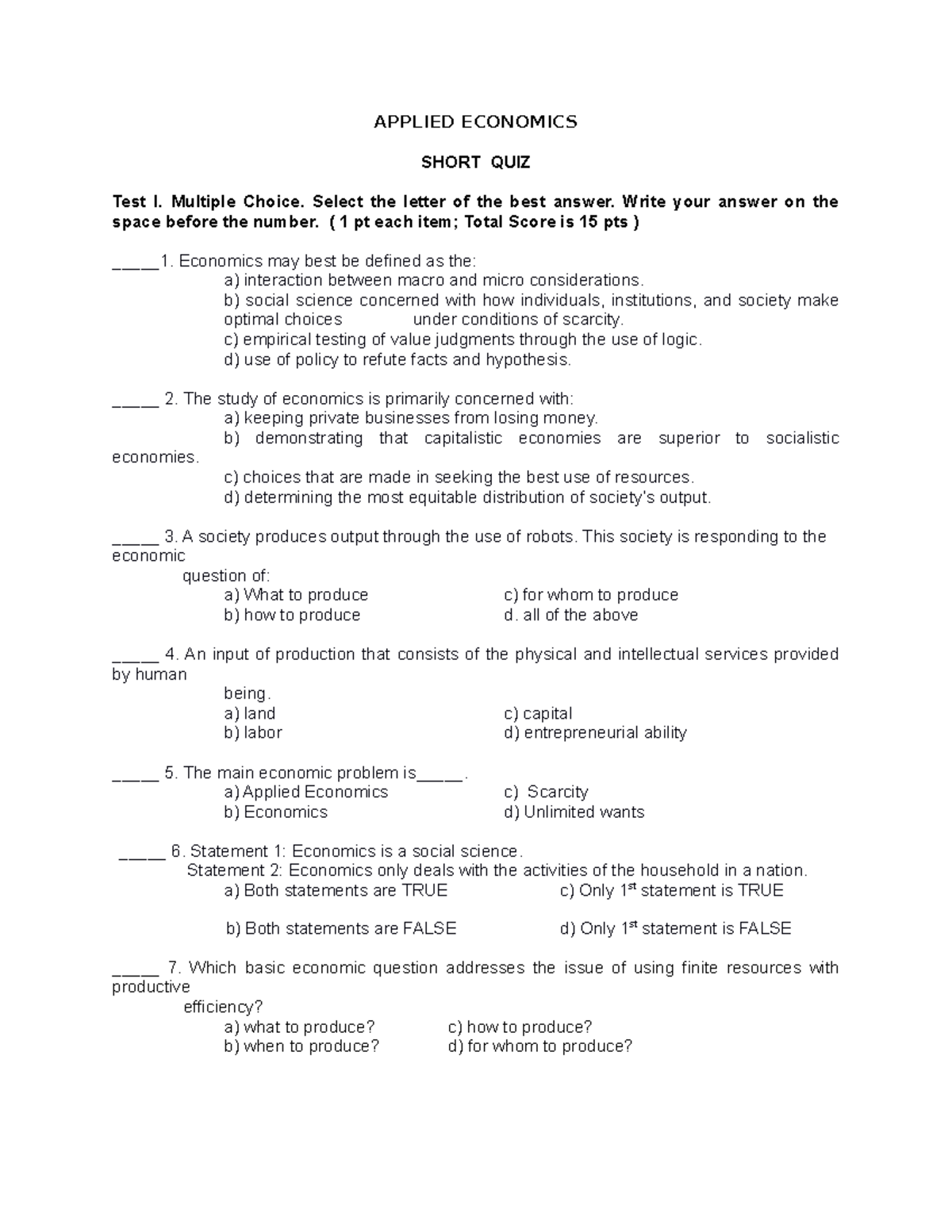 Applied Eco - Reviewer - APPLIED ECONOMICS SHORT QUIZ Test I. Multiple ...