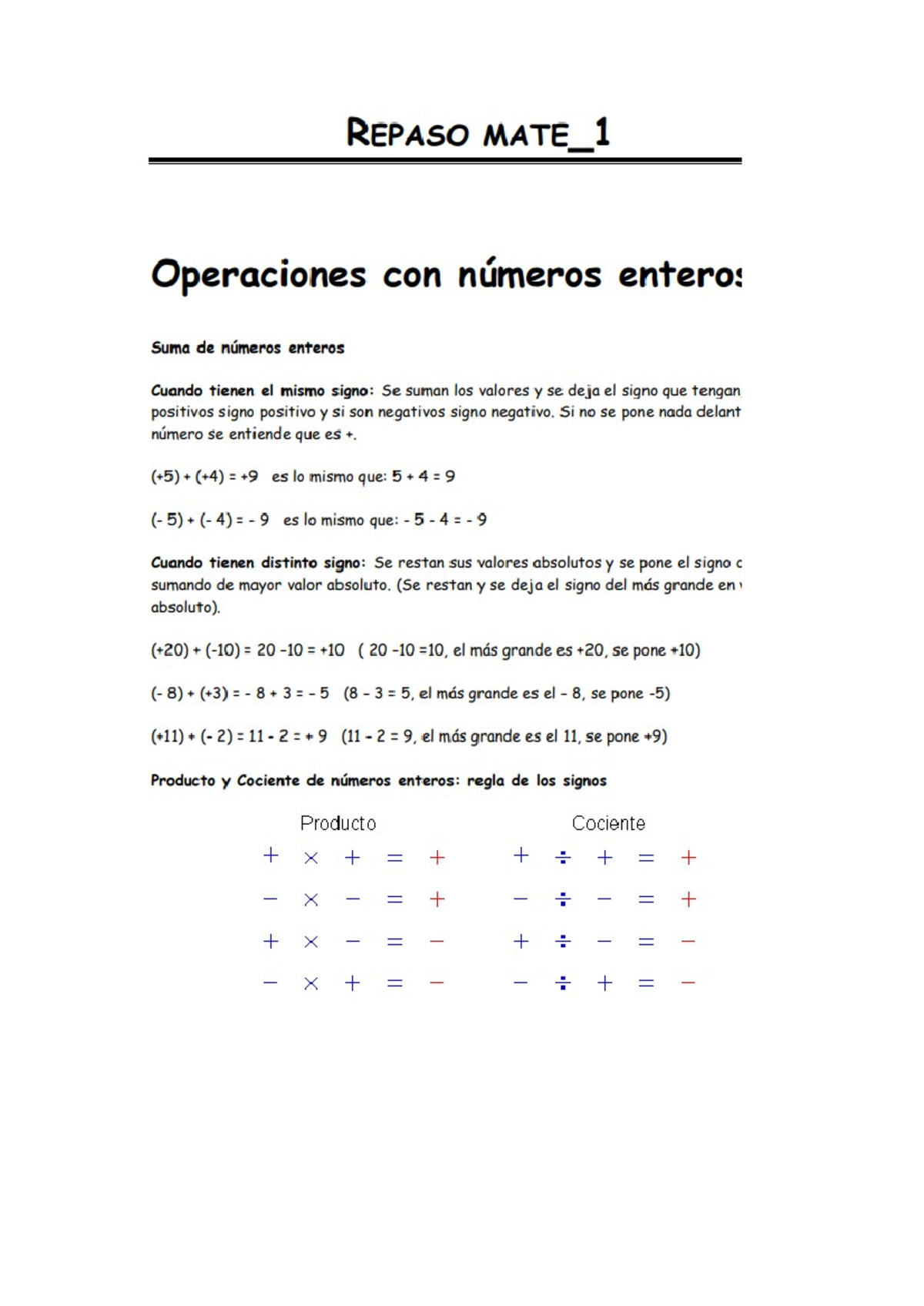 Doc2 - matematica - REPASO MATE_1 Operaciones con números enteros Suma de números enteros Cuando ...