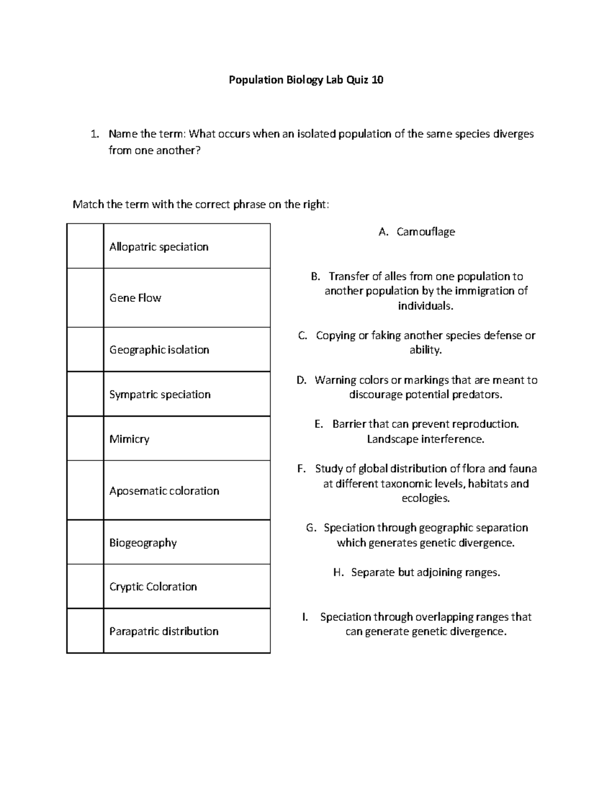 Population Biology Quiz 10 - Population Biology Lab Quiz 10 1. Name the ...