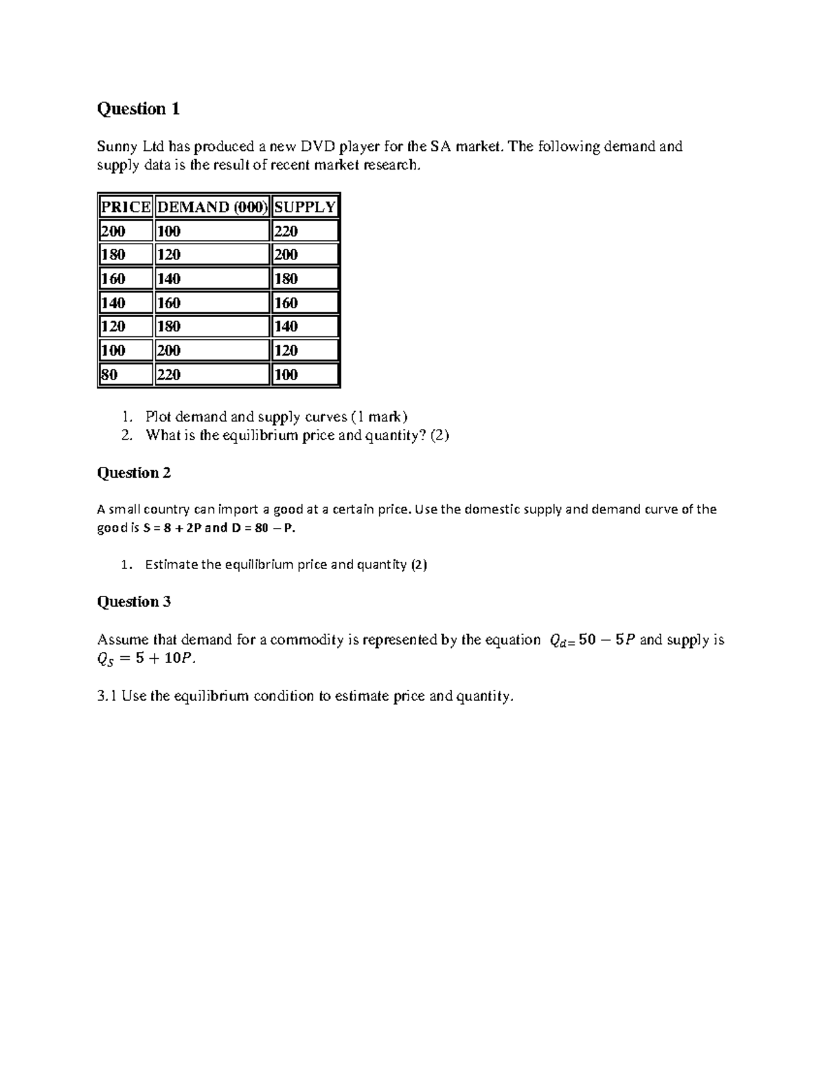 Market Equilibrium calculations - Question 1 Sunny Ltd has produced a ...