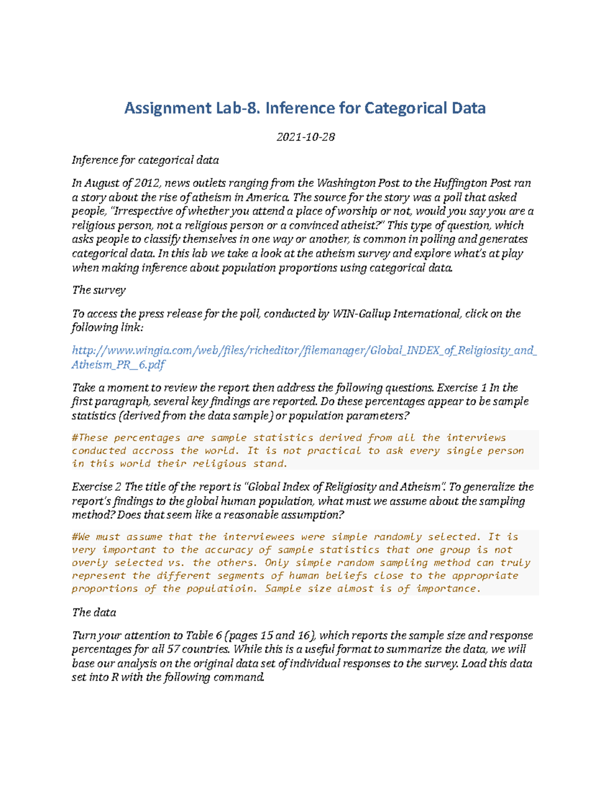 Lecture 8 Inference for Categorical Data 1 - Assignment Lab-8. Inference for Categorical Data ...