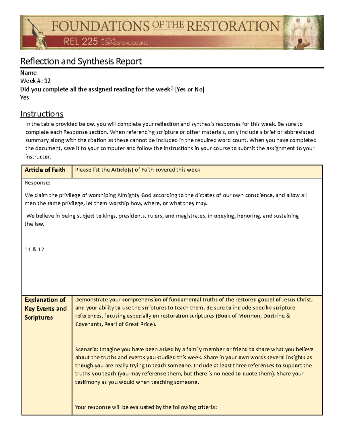 Week 12 Reflection Foundations Of The Restoration Reflection And Synthesis Report Name Week 