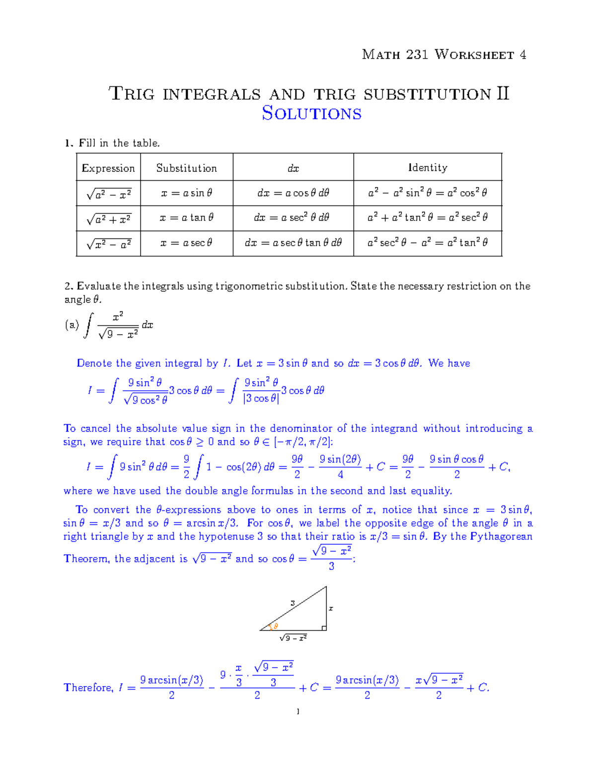 MATH231 WS4 7 - worksheet - Math 231 Worksheet 4 Trig integrals and ...