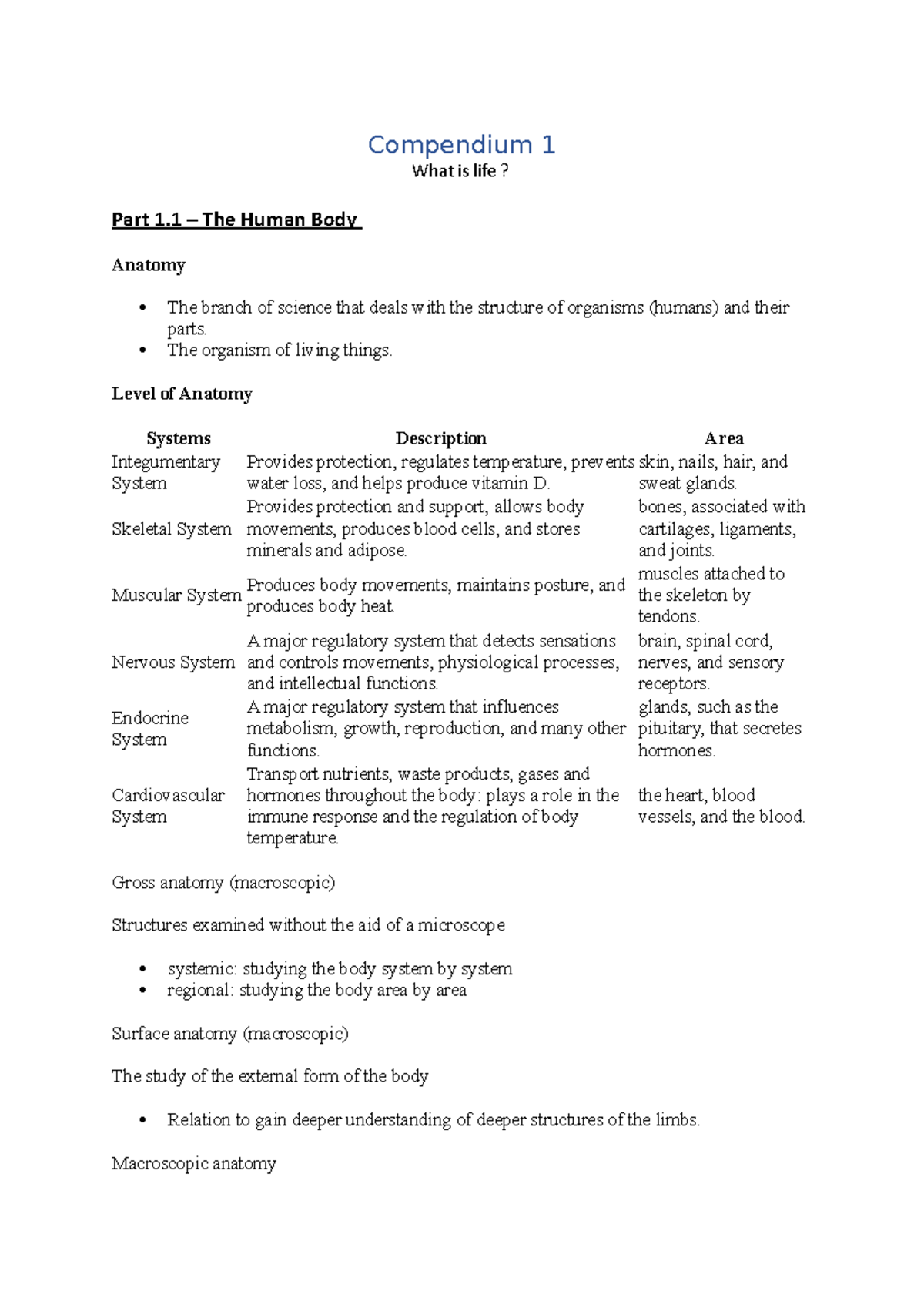 Compendium 1 - What is Life? - Compendium 1 What is life? Part 1 – The Human Body Anatomy The ...