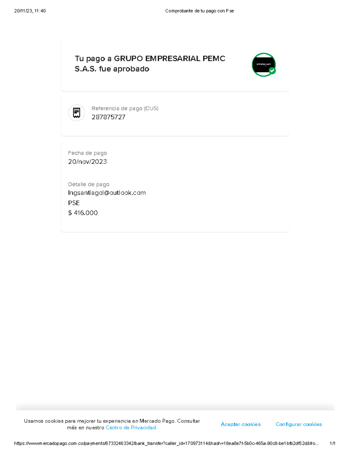 Comprobante de tu pago con Pse - 20/11/23, 11:40 Comprobante de tu pago con Pse - Studocu