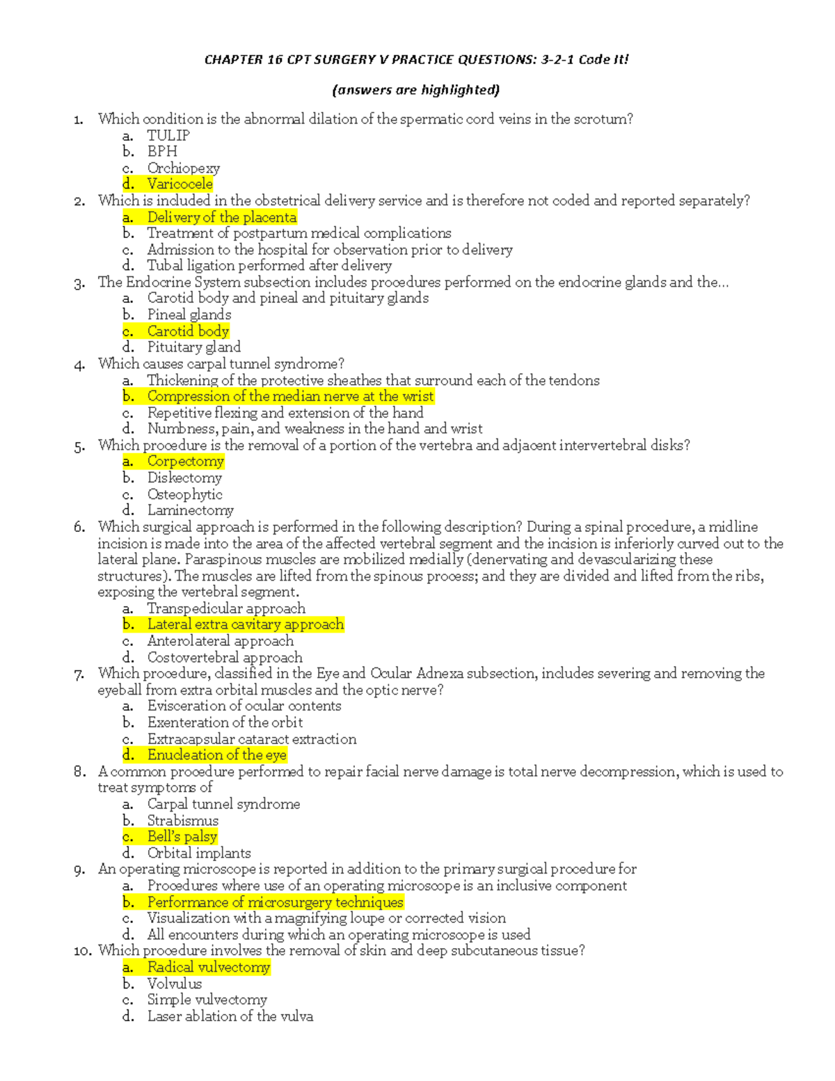 Chapter 16 practice questions - CHAPTER 16 CPT SURGERY V PRACTICE ...