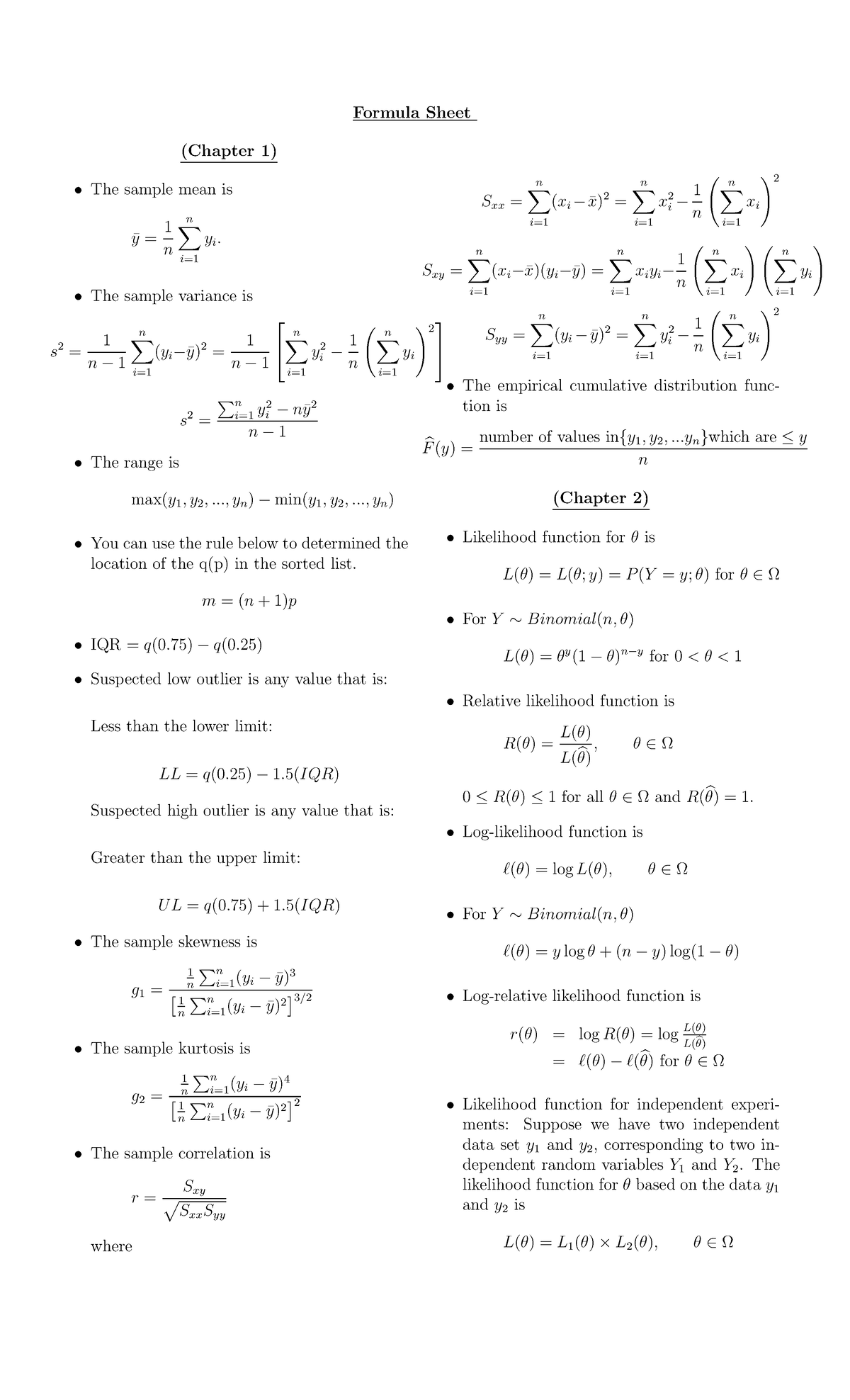 Formula Sheet 8 - stat340 - Formula Sheet (Chapter 1) The sample mean ...