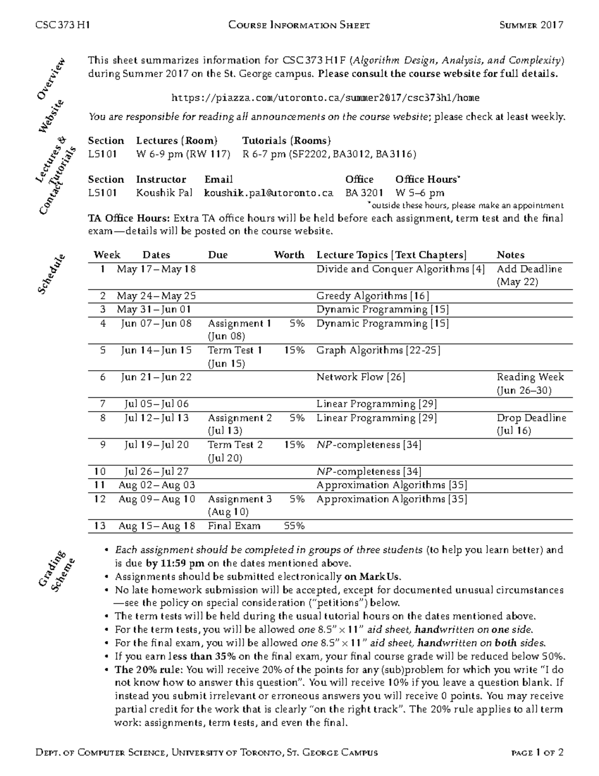 Syllabus - CSC 373 H1 Course Information Sheet Summer 2017 Overview ...