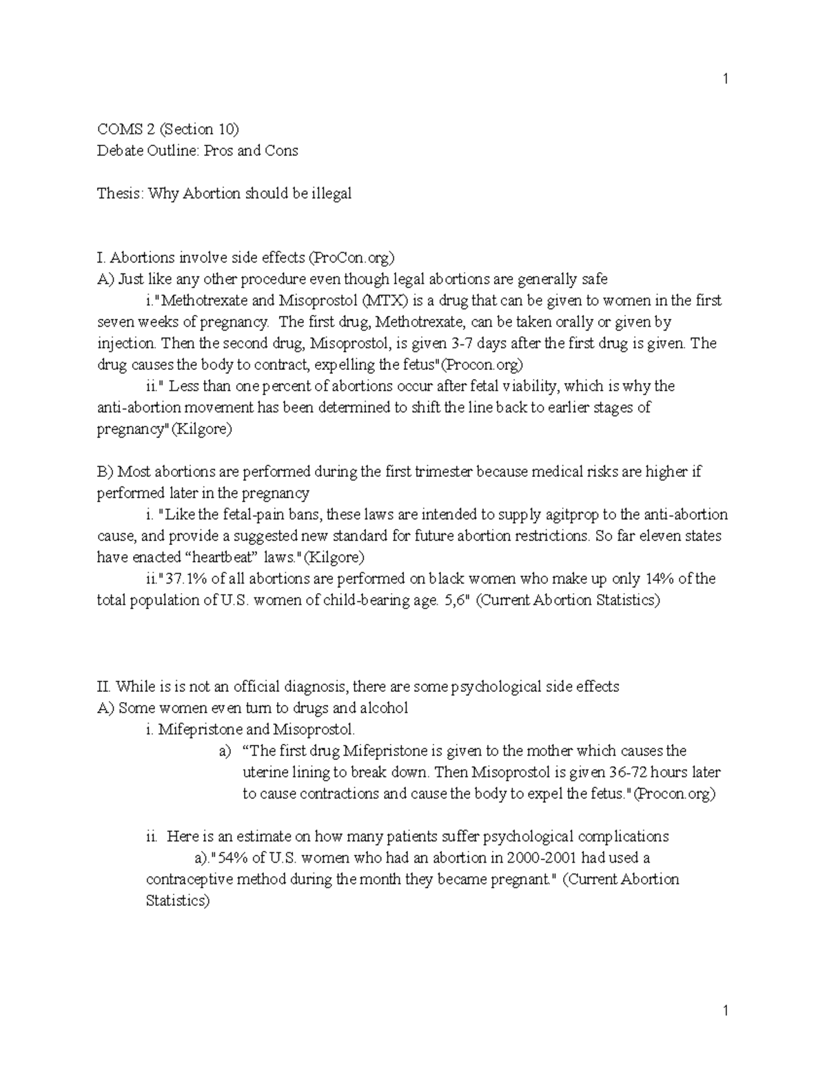 Abortion Debate Outline Pros and Cons - COMS 2 (Section 10) Debate ...