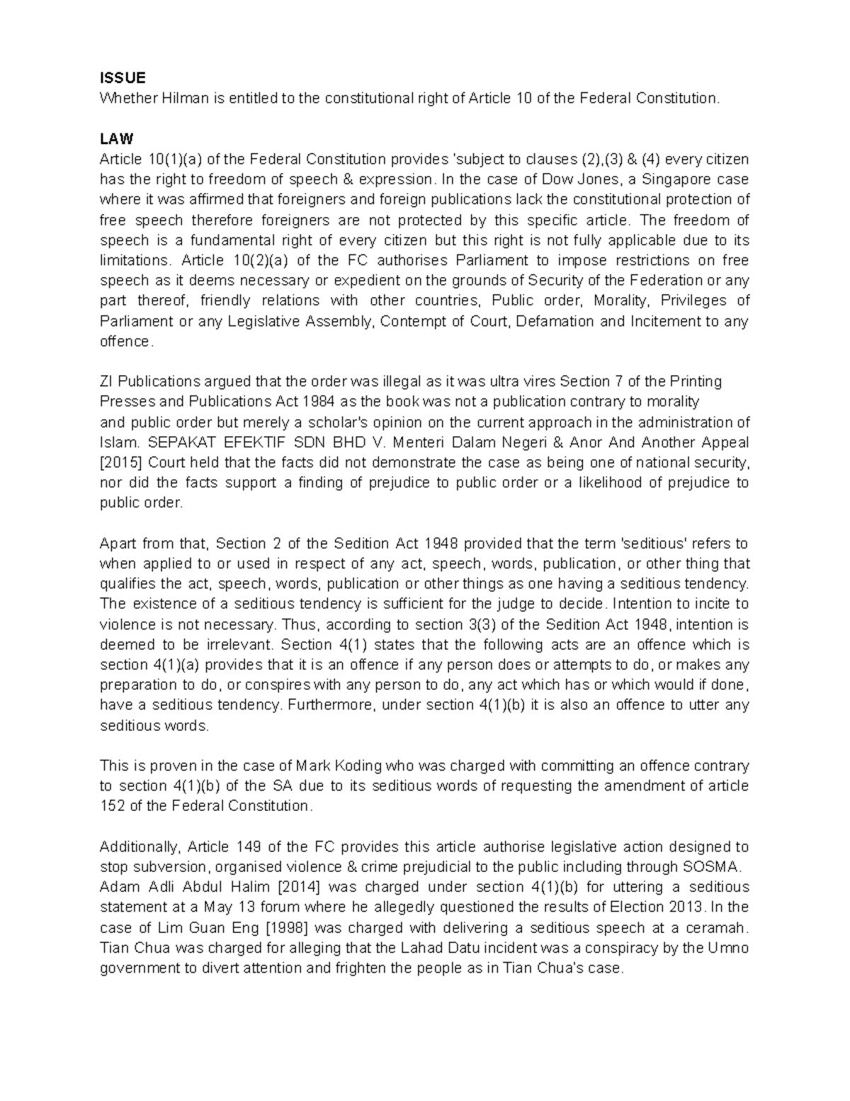 Tutorial Question - ISSUE Whether Hilman is entitled to the ...