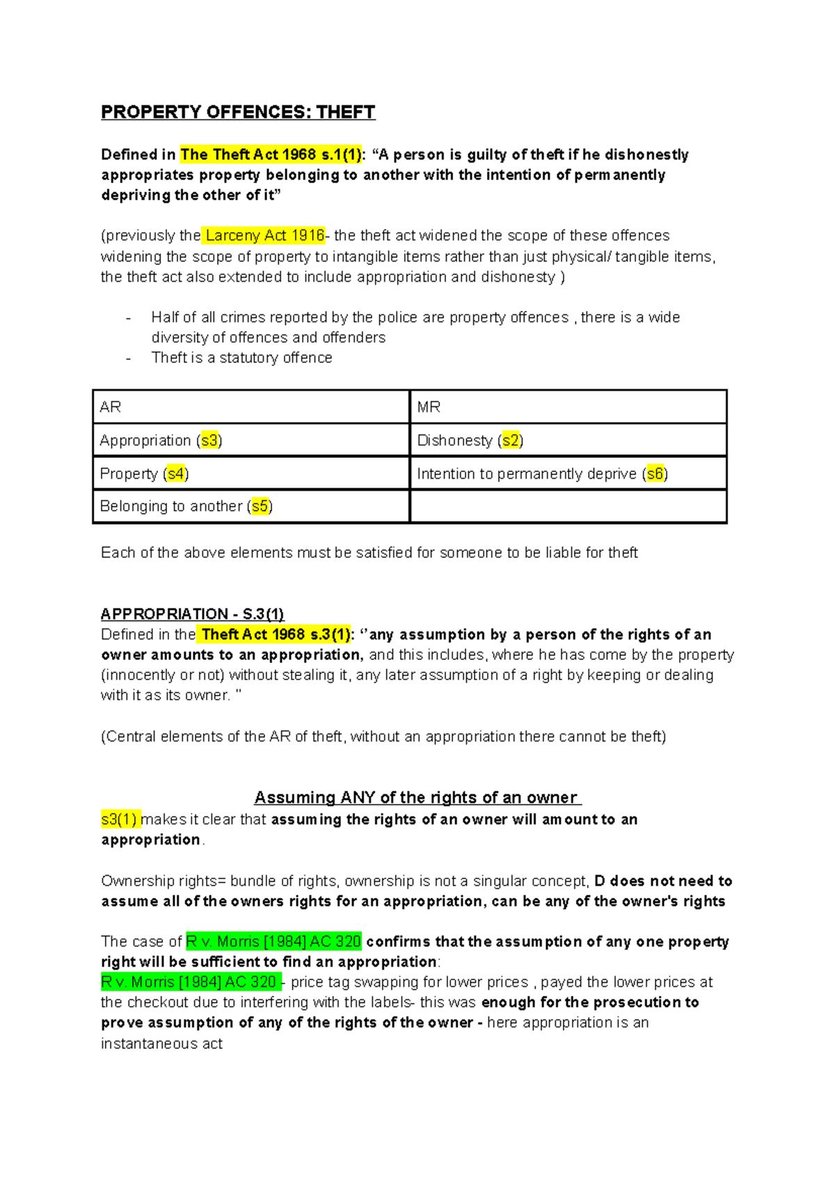Property Offences: Theft and Appropriation in The Theft Act 1968 - Studocu