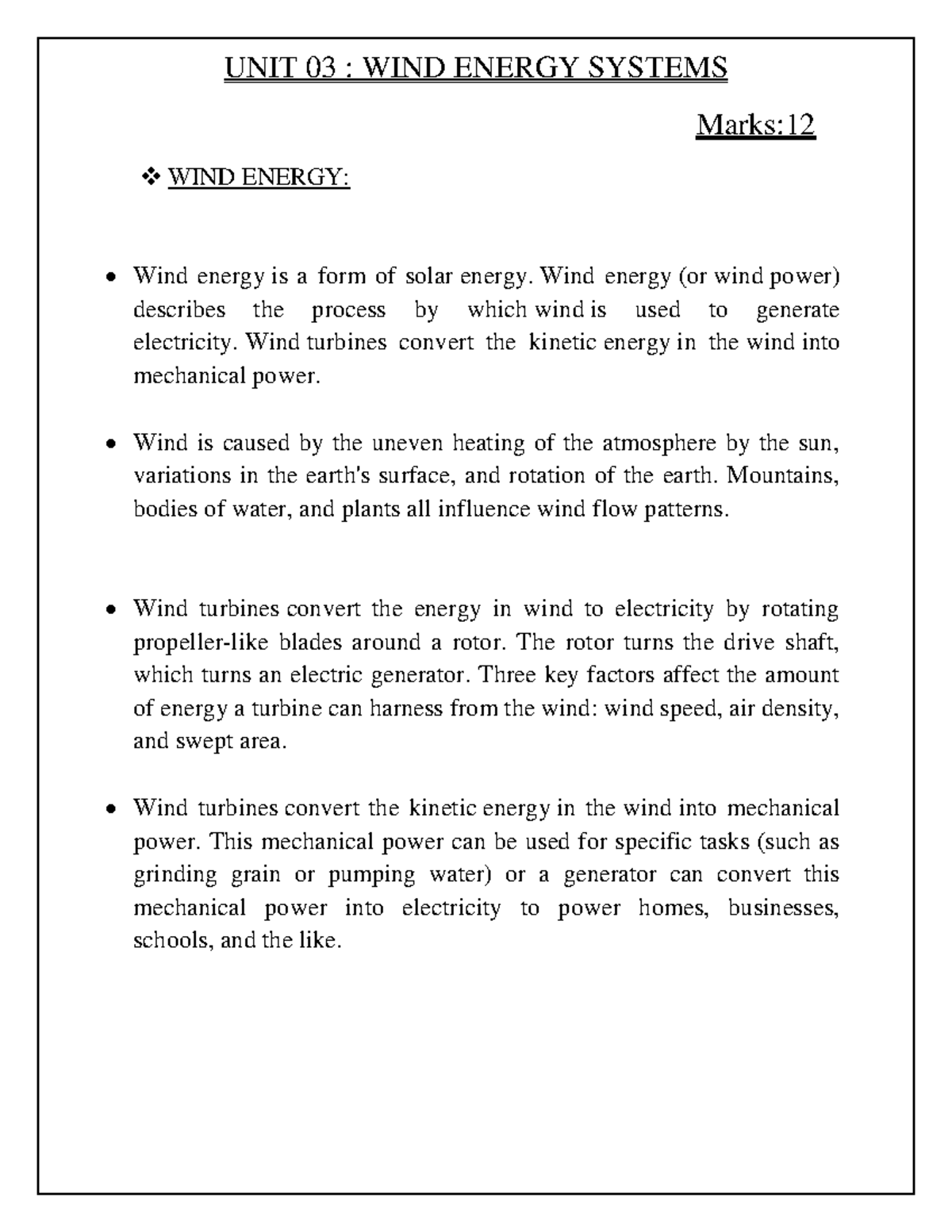 22661-RET Notes-UNIT 03 - UNIT 03 : WIND ENERGY SYSTEMS Marks: WIND ...