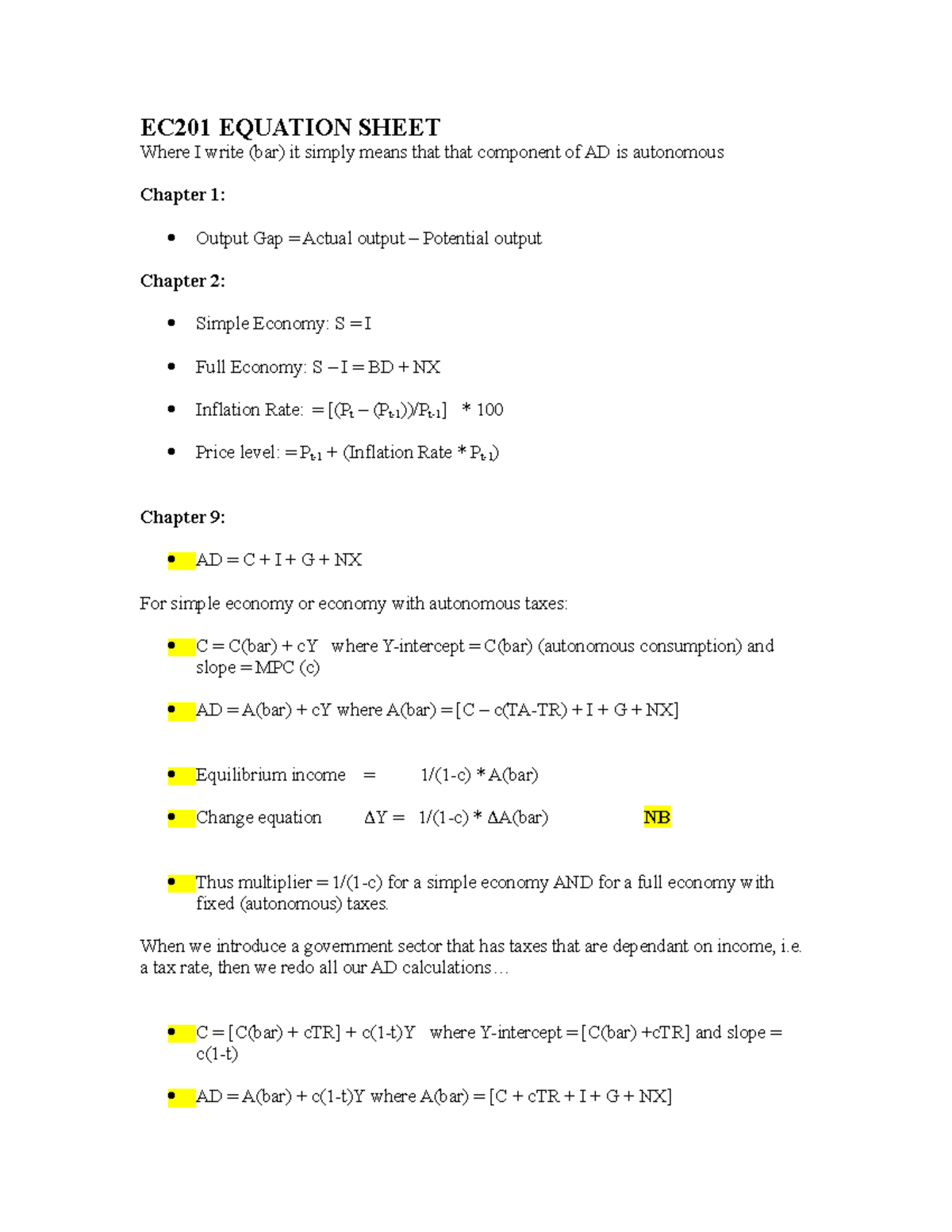 EC201 Equationsheet - EC201 EQUATION SHEET Where I write (bar) it ...