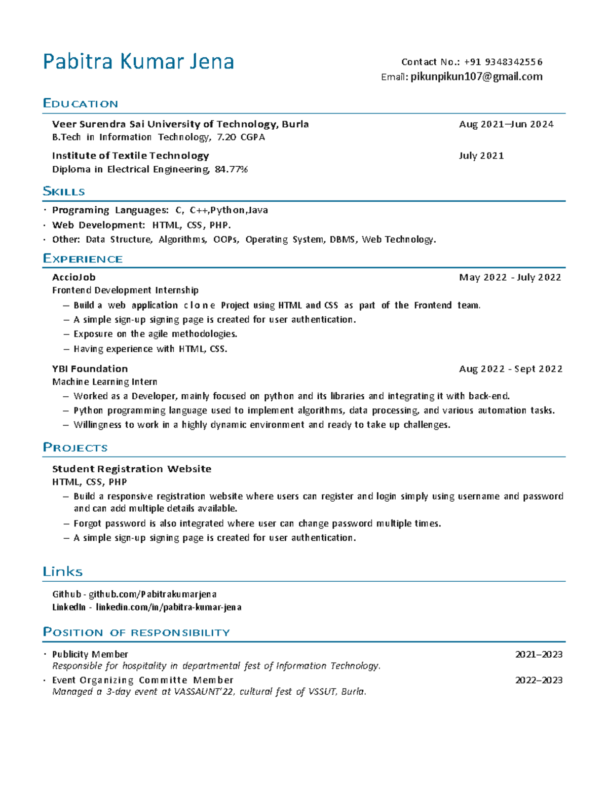 Resume- Pabitra (1) - Pabitra Kumar Jena Contact No.: +91 9348342556 ...