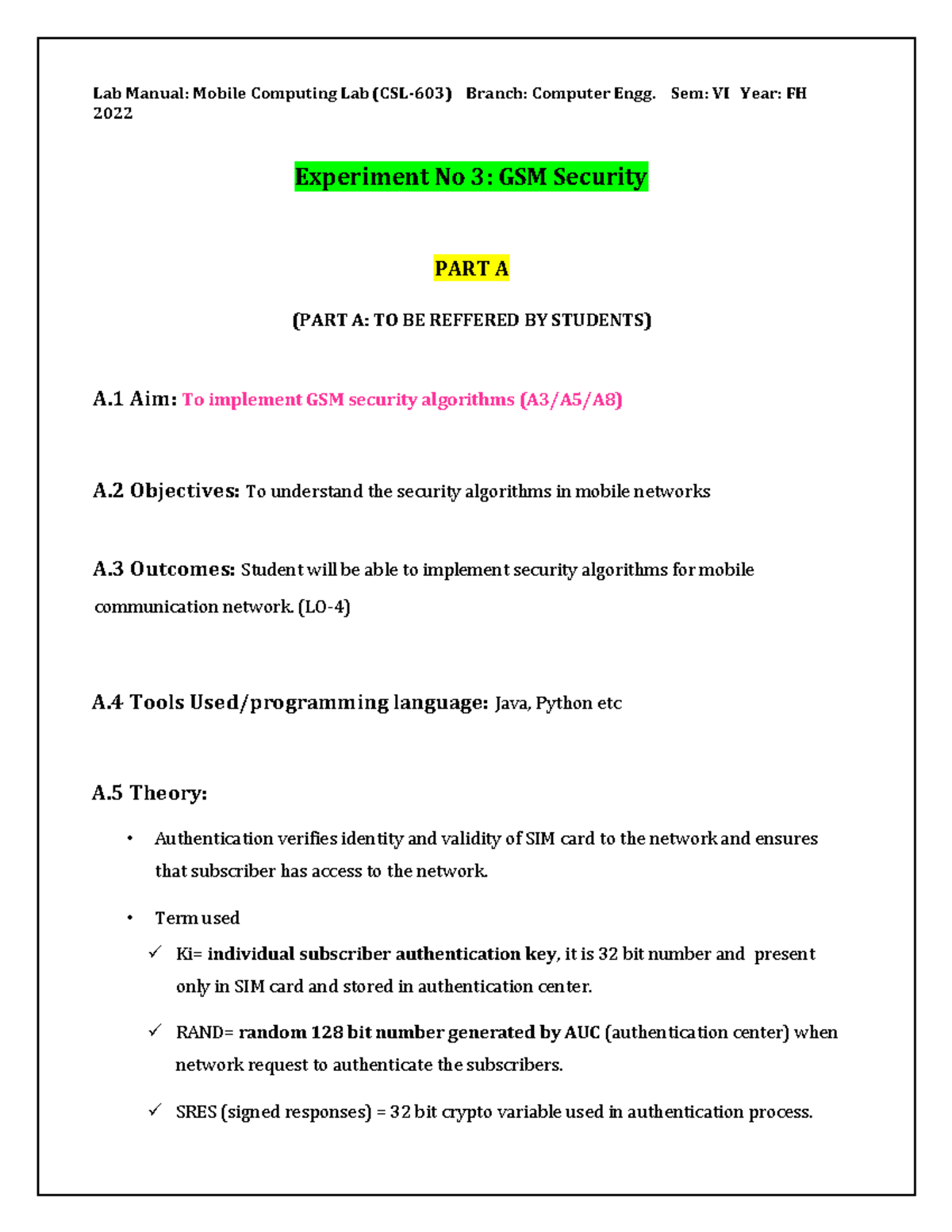 C58 EXP-3 MC - GOOD - 2022 Experiment No 3: GSM Security PART A (PART A: TO BE REFFERED BY ...