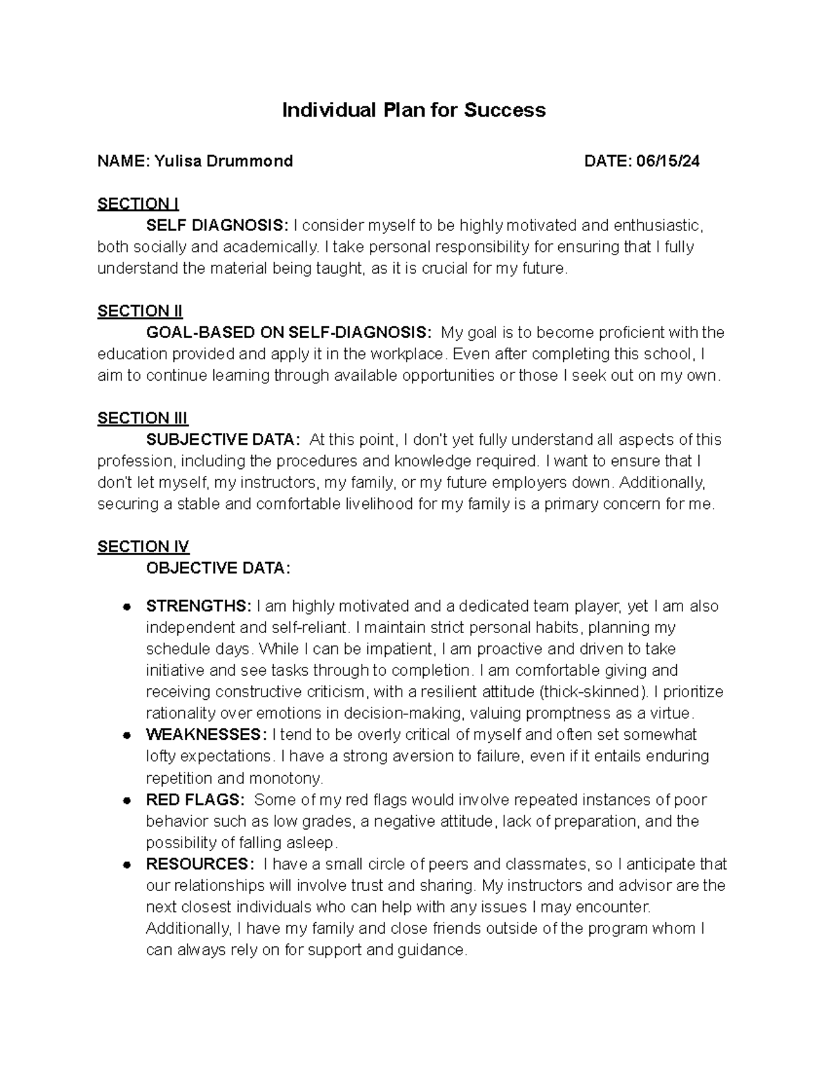 Individual Plan for Success - Individual Plan for Success NAME: Yulisa ...