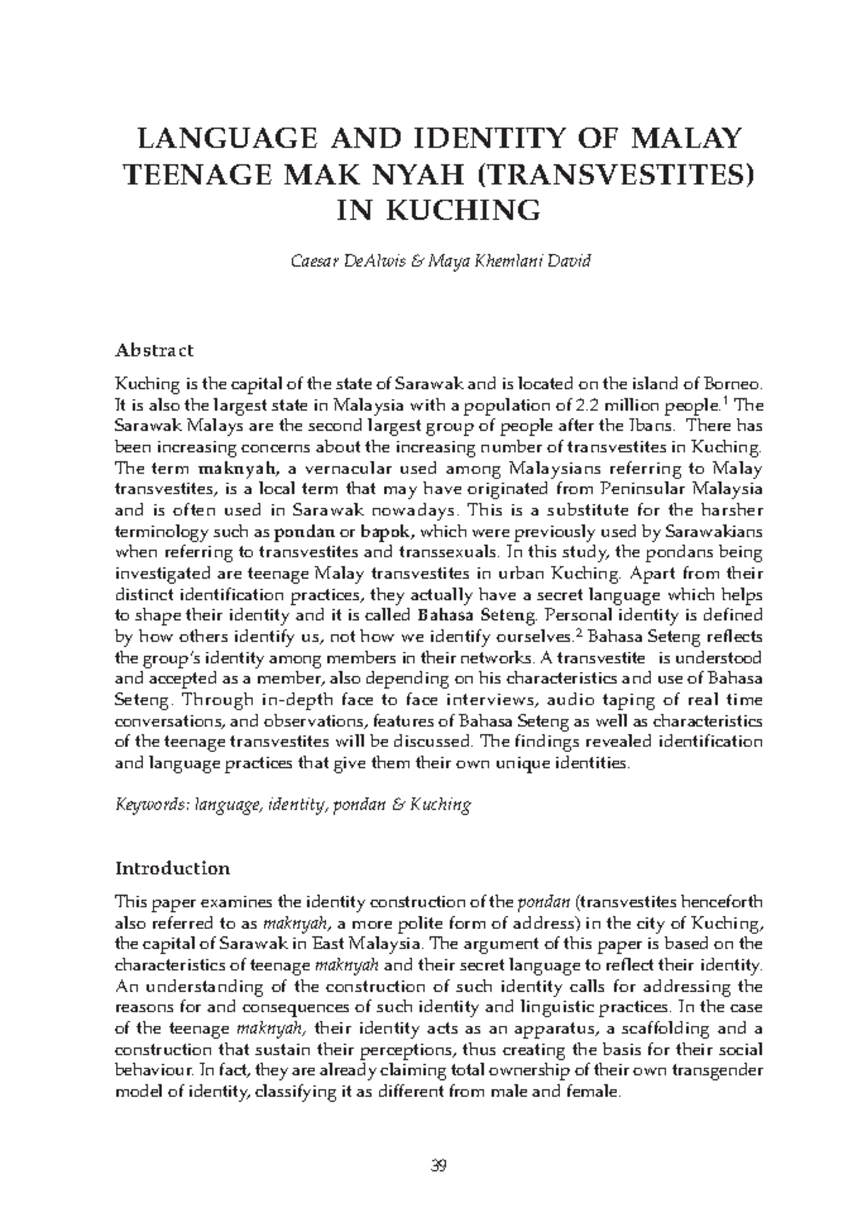 Language AND Identity OF Malay Teenage MAK NYAH ( Transvestites) IN ...